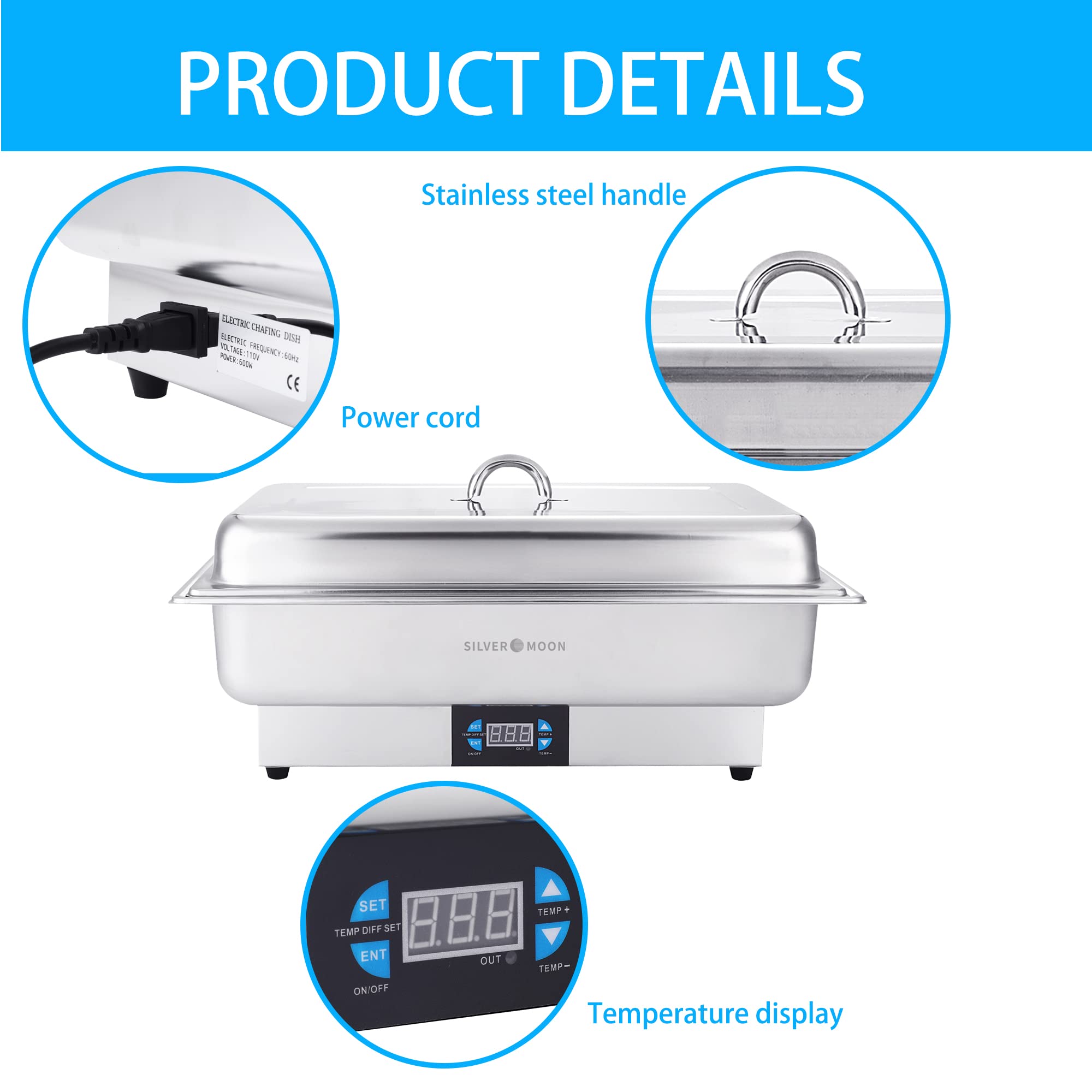SILVER MOON 9 QT Electric Chafing Dish Buffet Set with Stainless Steel Lid, Digital Display Temperature Full Size Electric Chafer, Chafing Dish for buffet, Buffet Servers and Food Warmers for Parties
