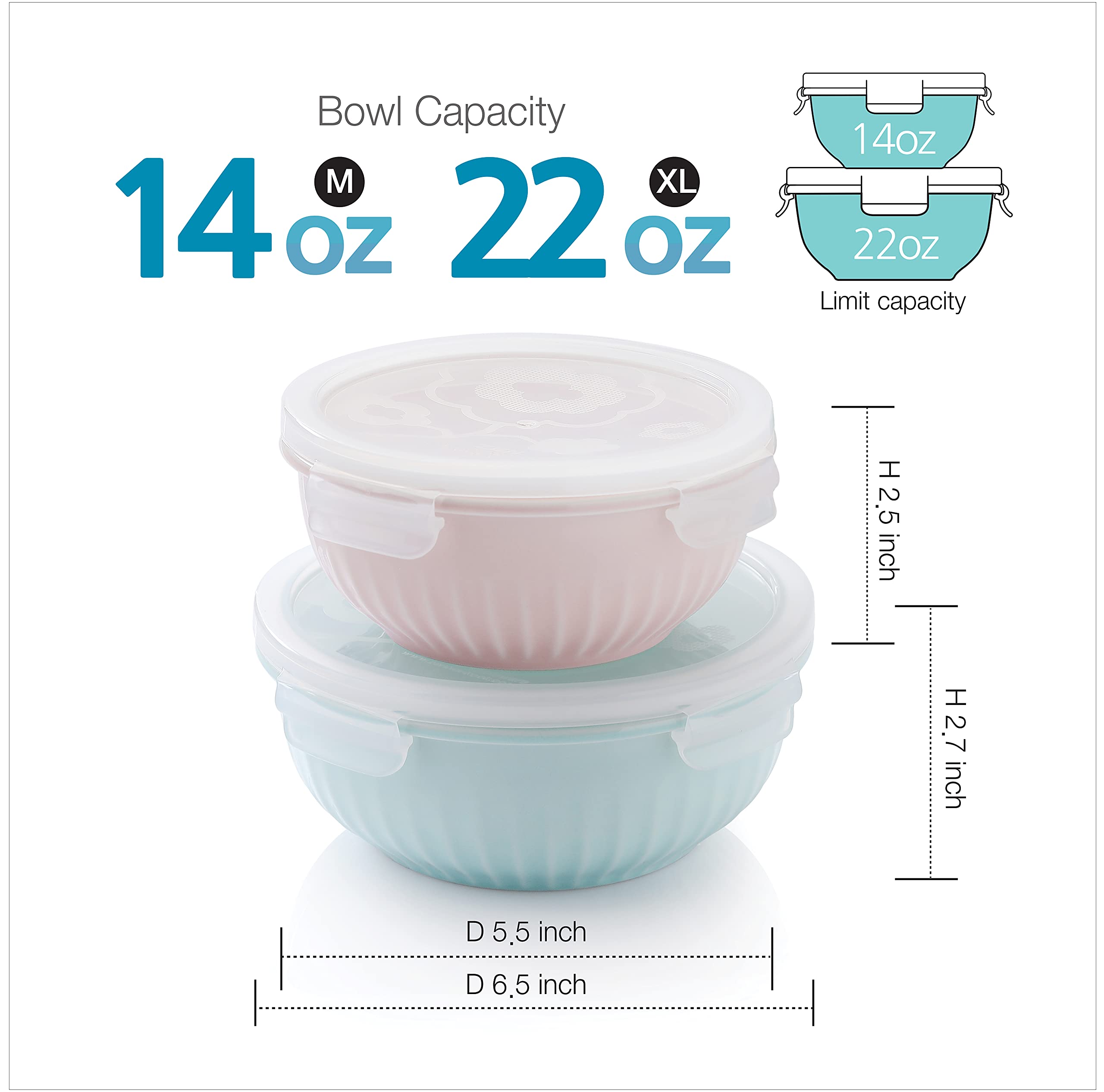 ZEN Pleats Porcelain Serve and Store Airtight Container 14&22oz Bowls Set of 2 (Mixed Color)