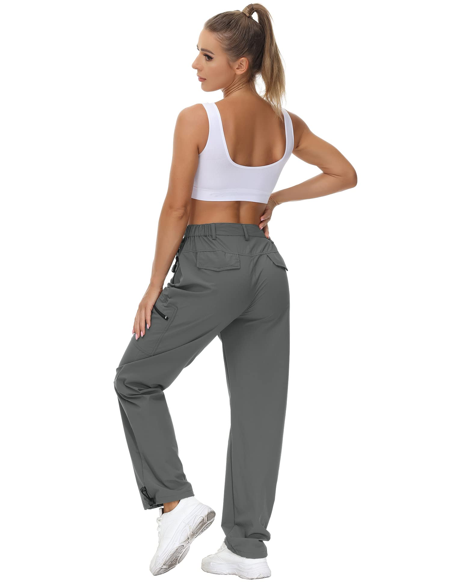 VVK Women's Cargo Hiking Pants Elastic Waist Quick Dry Lightweight Outdoor Water Resistant UPF 50+ Long Pants Zipper Grey Large