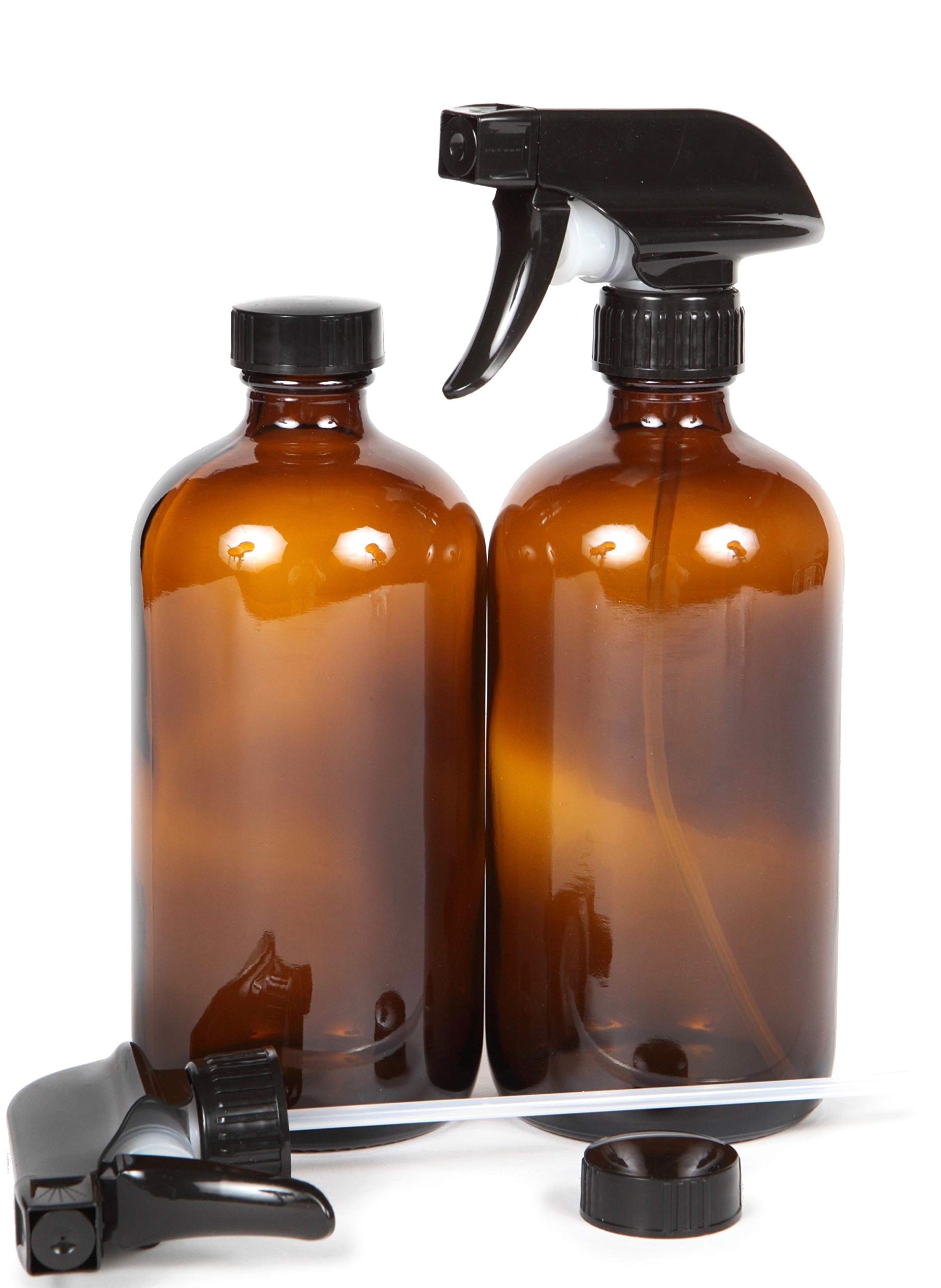 Vivaplex, 2, Large, 16 oz, Empty, Amber Glass Spray Bottles with Black Trigger Sprayers and Lids …