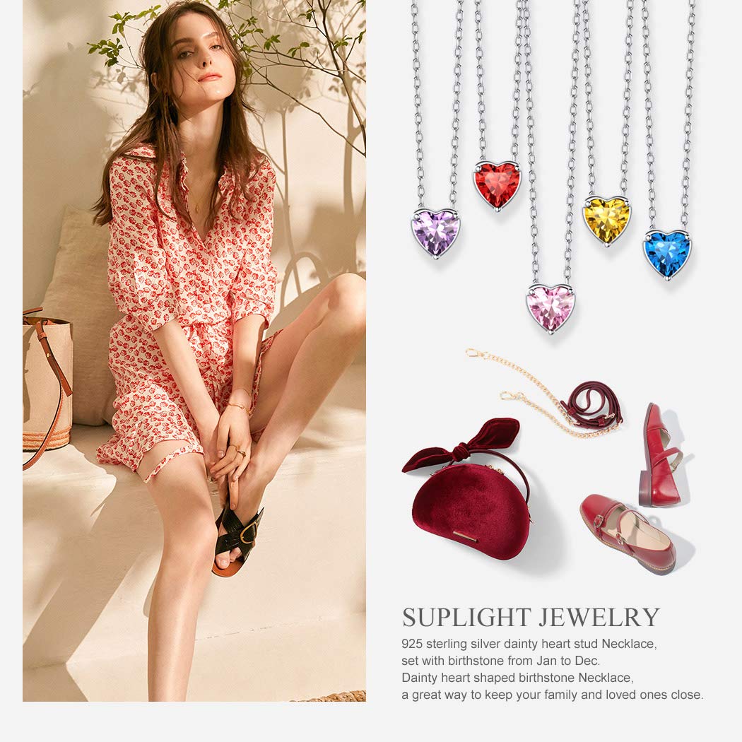 Suplight March Birthstone Necklace 925 Sterling Silver Small Blue Aquamarine Heart Necklace for Women