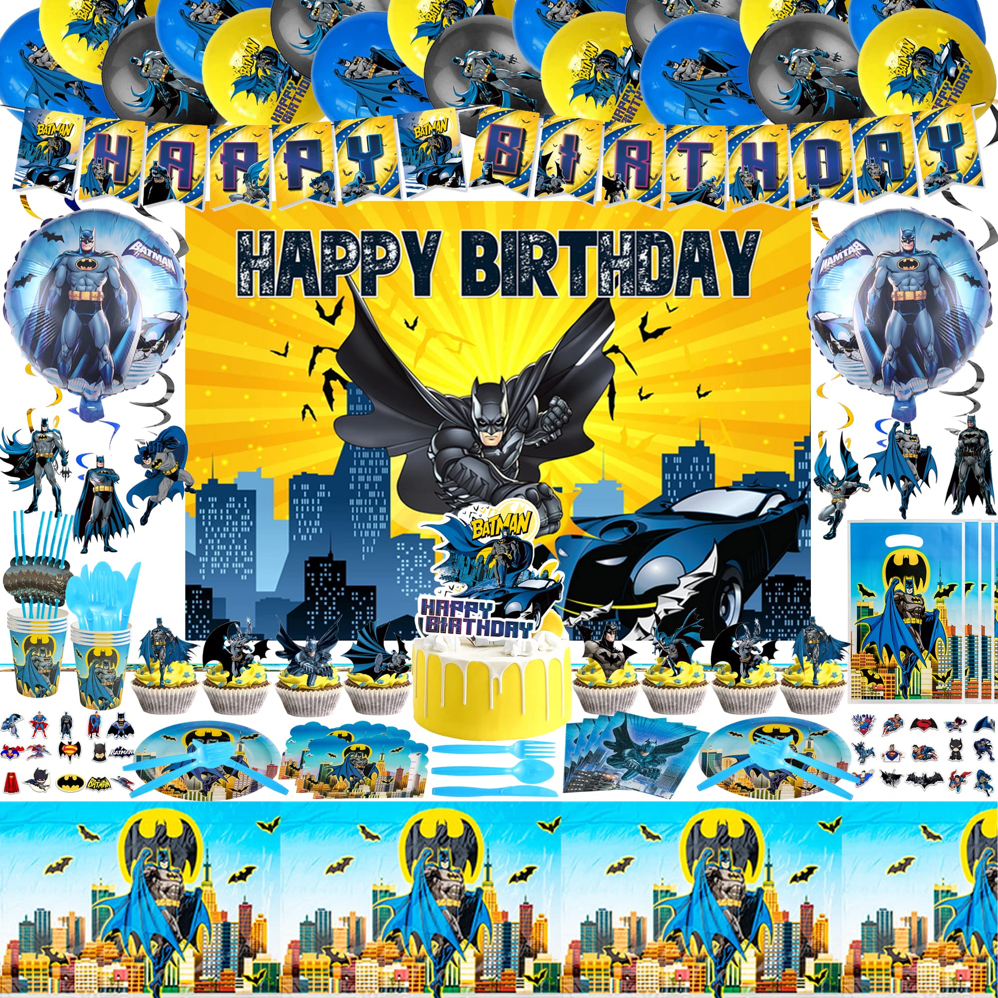 Superhero birthday party supplies, 192 Pcs Party Decorations Set Include Happy Birthday Banner, Sticker, Tableware, Plates, Table Cover, Swirls, Balloons