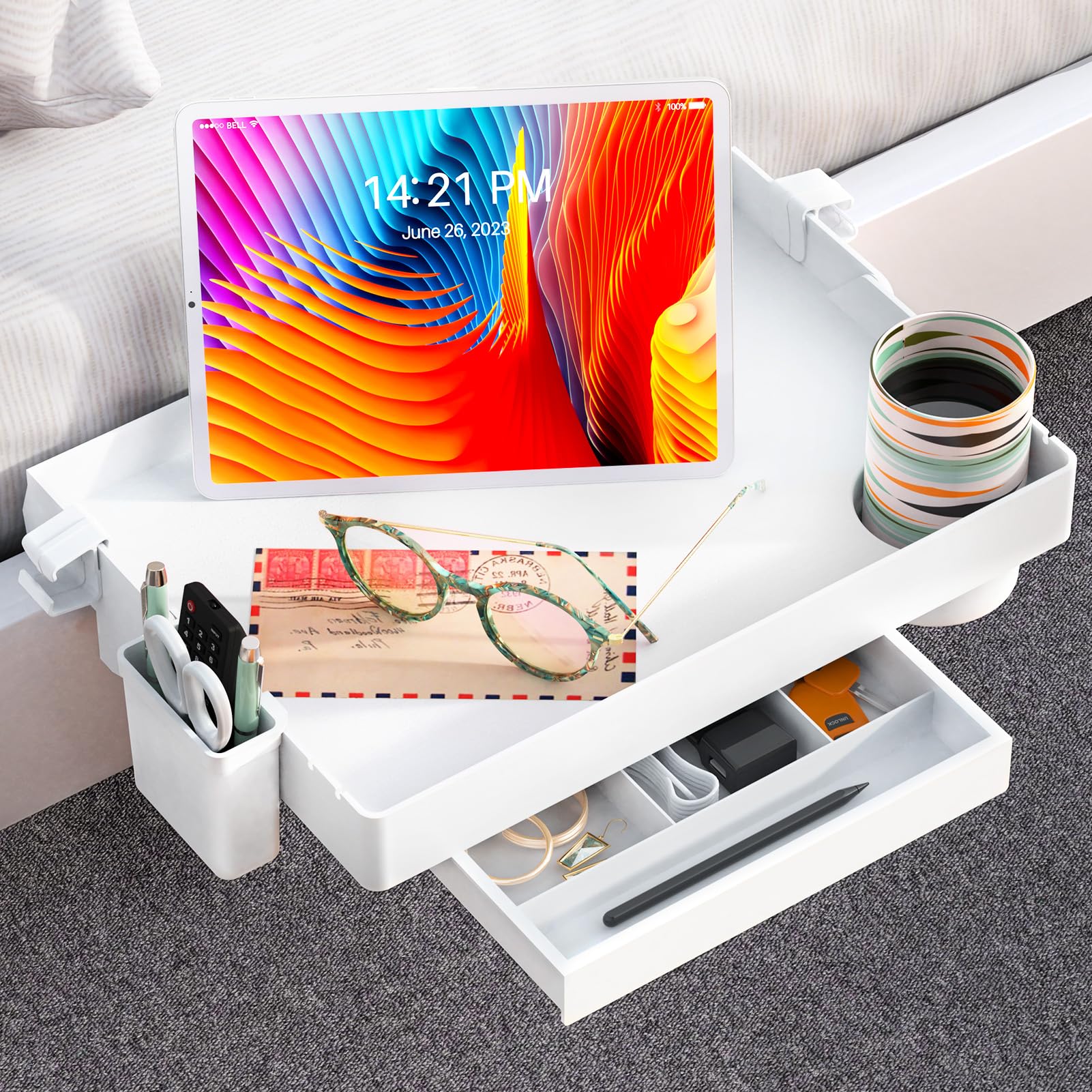 SOLEJAZZ Bedside Shelf for Bed, Foldable Bunk Bed Shelf Clip On Nightstand Tray College Dorm Room Essential Table Caddy with Drawer, Cup & Cord Holder for Top Bunk Organizer Bedroom Nightstand, White