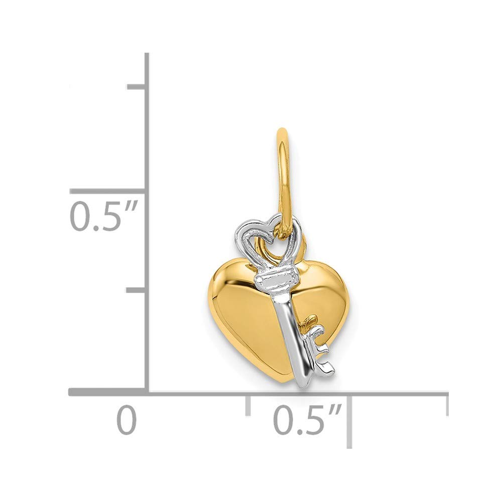 Solid 14k Yellow and White Gold Two Tone Key and Heart Lock Charm Pendant - 15mm x 9mm