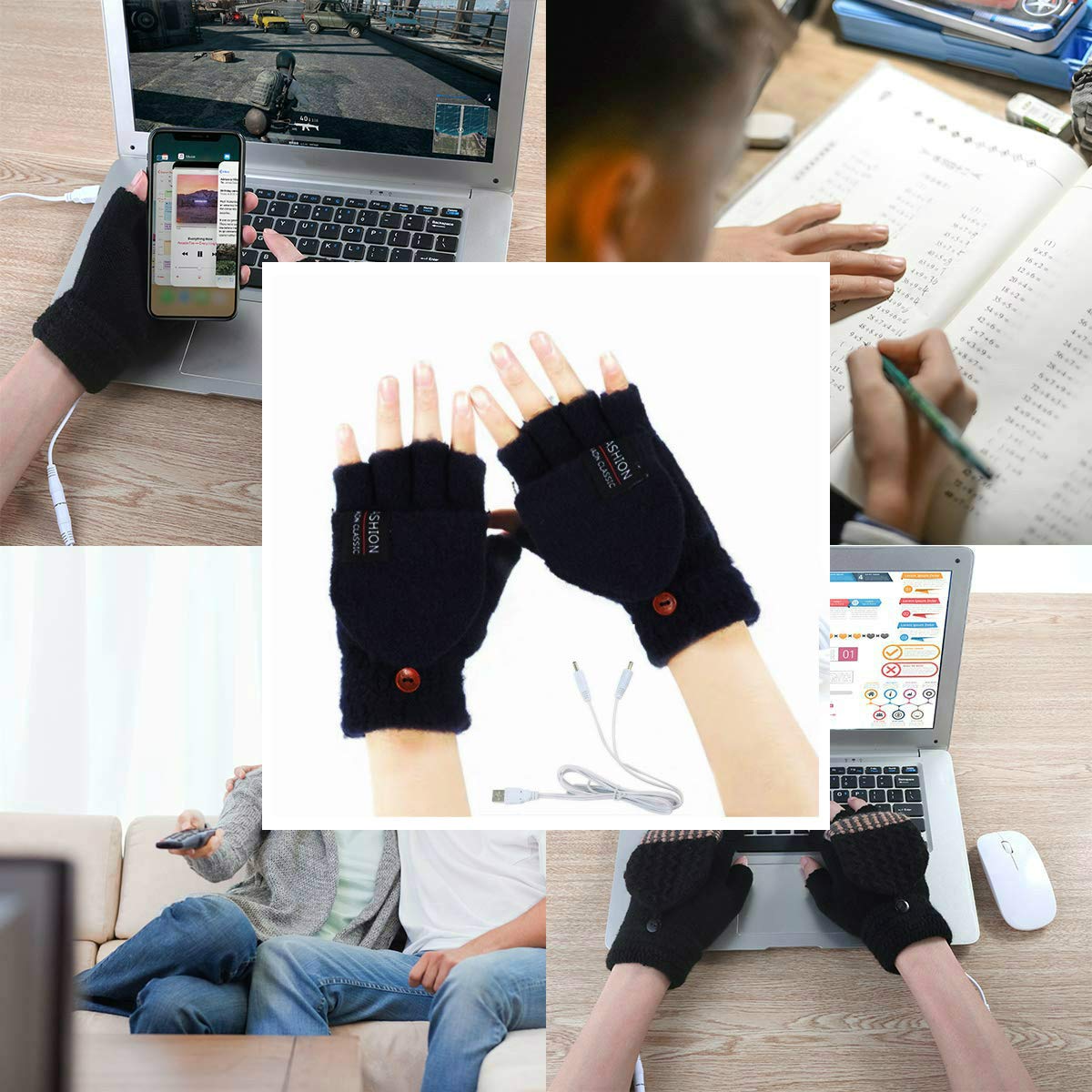 Women's & Men's USB Heated Gloves Knitting Hands Full & Half Heated Fingerless Heating Warmer with Button Washable Design, Mitten Winter Hands Warm Laptop Gloves (Black)