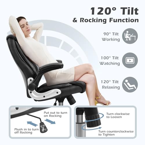 SEATZONE Ergonomic Office Chair, High Back PU Leather Comfortable Desk Chair with Flip-up Armrests, Computer Chair for Adults, Black