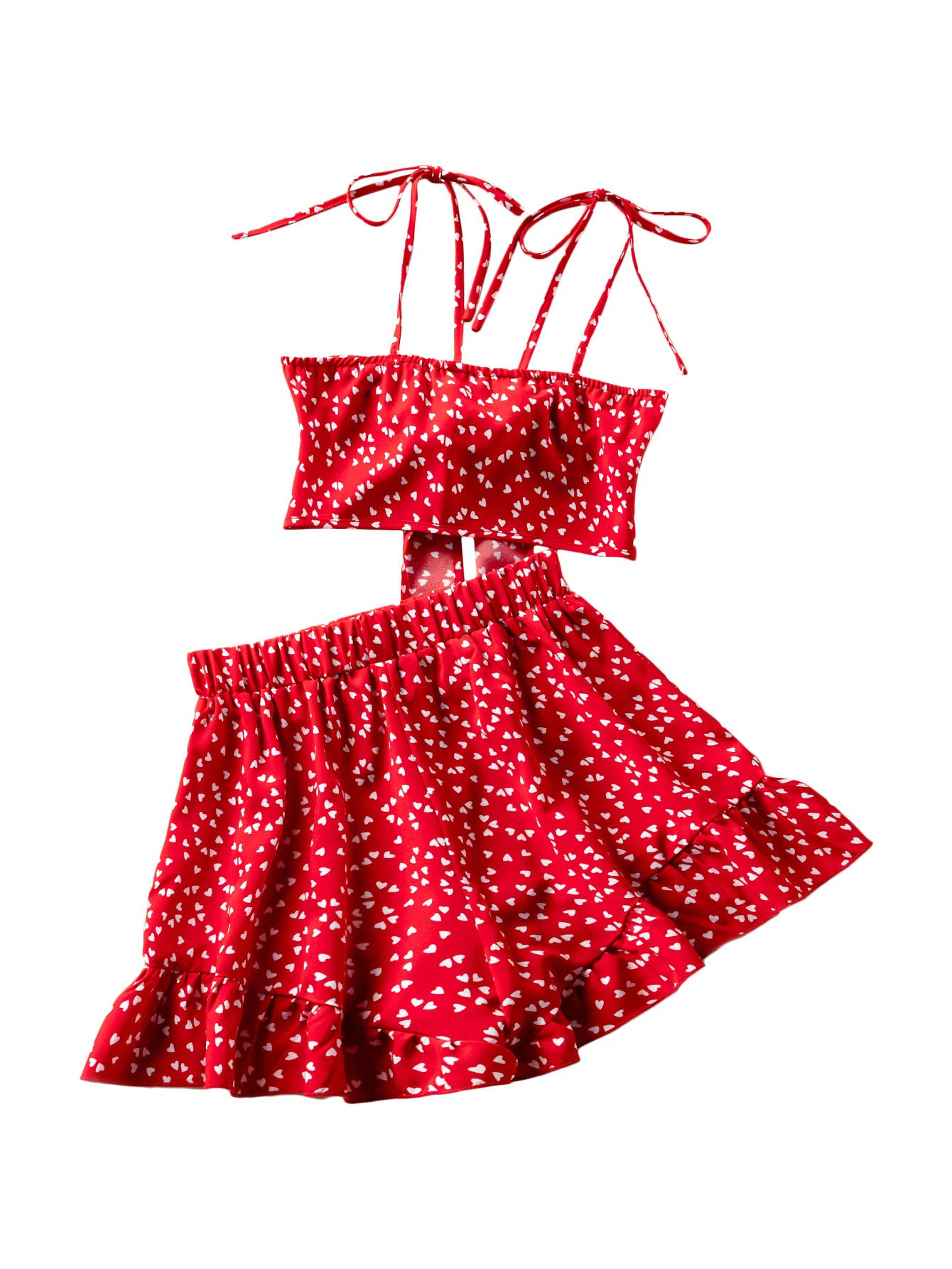 SweatyRocks Women's Boho 2 Piece Outfits Knot Front Crop Top with Shorts Sets Heart Red S