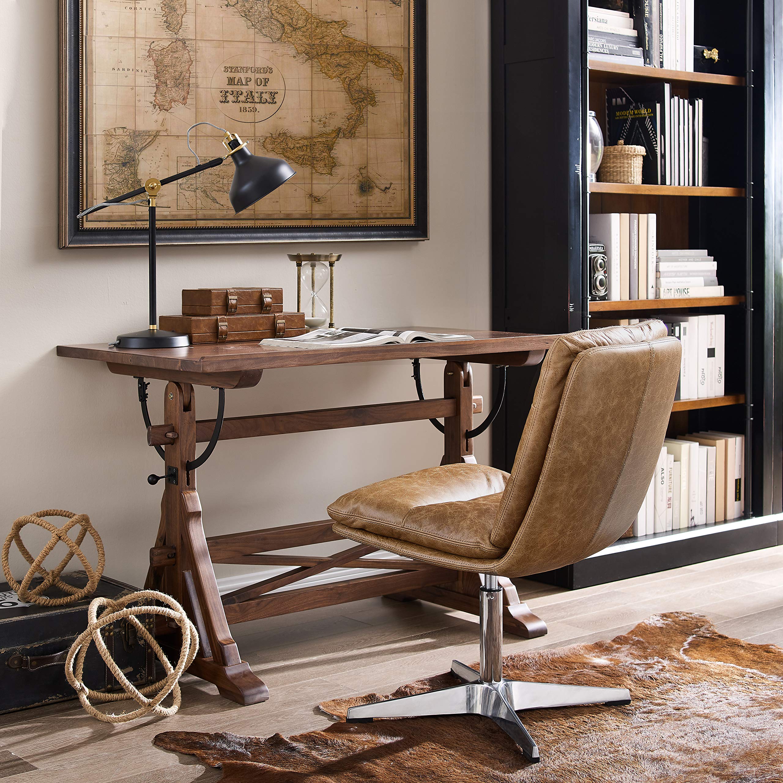 Volans Mid Century Modern Genuine Leather Swivel Home Office Desk Chair with Aluminum Alloy Base