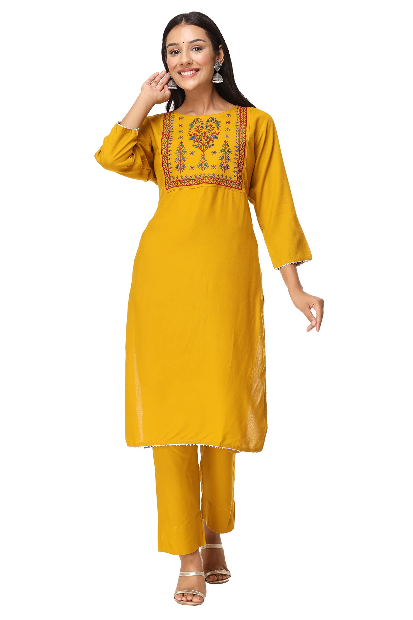 Vihaan Impex mustard yellow Embroidered Kurta Set with matching Pant for Women