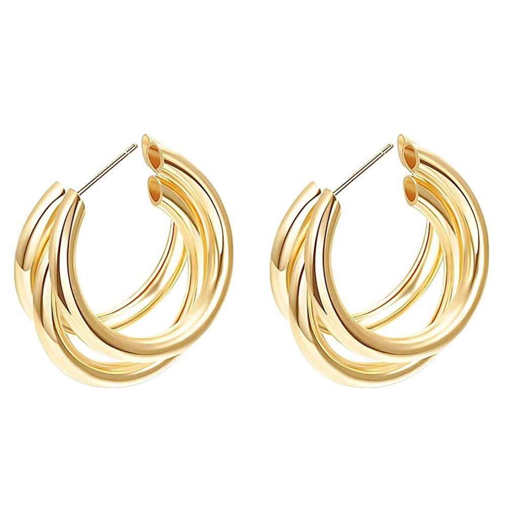 Triple Hoop Earrings For Women, Three Hoop Earrings Gold Triple Circle Thick Chunky Hoop Earrings