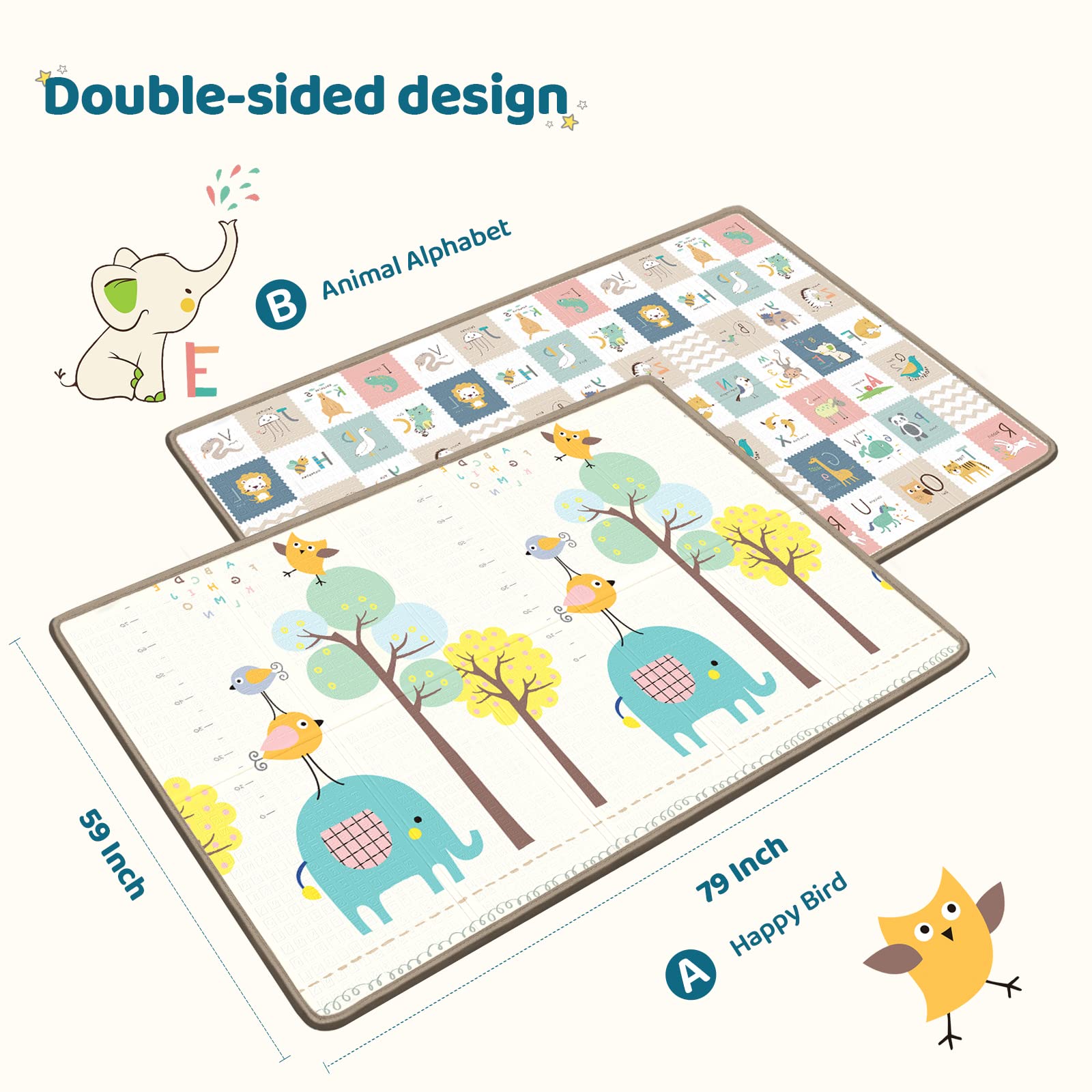 WAYPLUS Baby Play Mat, Extra Large & Thicked Reversible Folding Baby Playmat for Floor, Durable Wipe Clean Waterproof XPE Foam with Edge Reinforcement Play Mat, Anti Slip Soft Crawling Mat