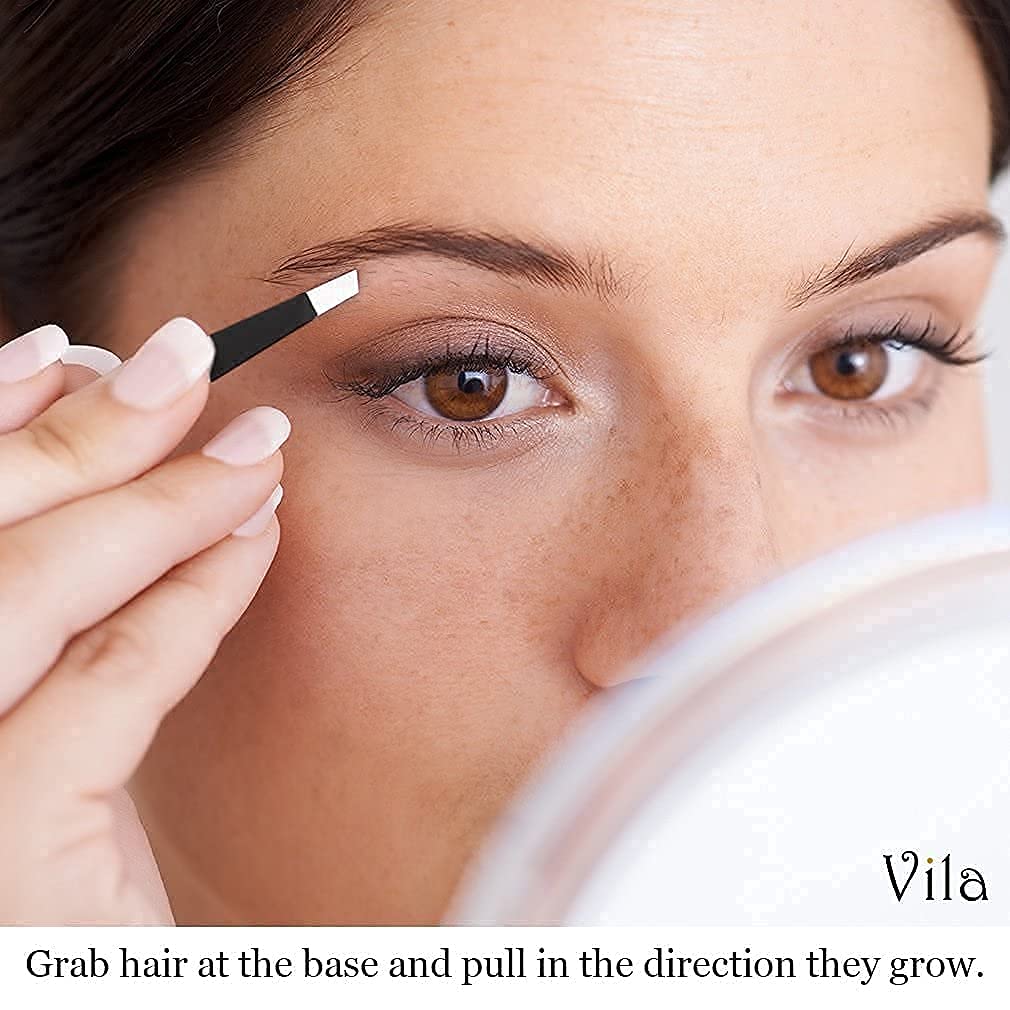 Vila Tweezers for Eyebrows, 4 Inches, Stainless Steel with 25-Degree Slanted Tip Plucker, Useful for Pulling Splinters, Ingrown Hair, or Picking up Tiny Objects