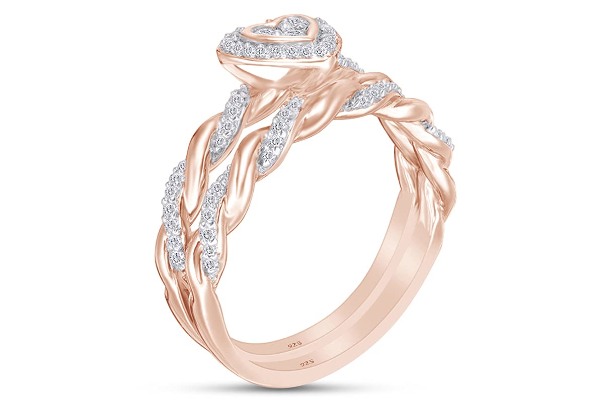 Wishrocks 1/5 Carat Round Cut White Natural Diamond Heart Shape Frame Twist Bridal Ring Set in 14k Rose Gold Over Sterling Silver (0.20 Cttw, Color- I-J, Clarity- I2) Ring Size- 8.5