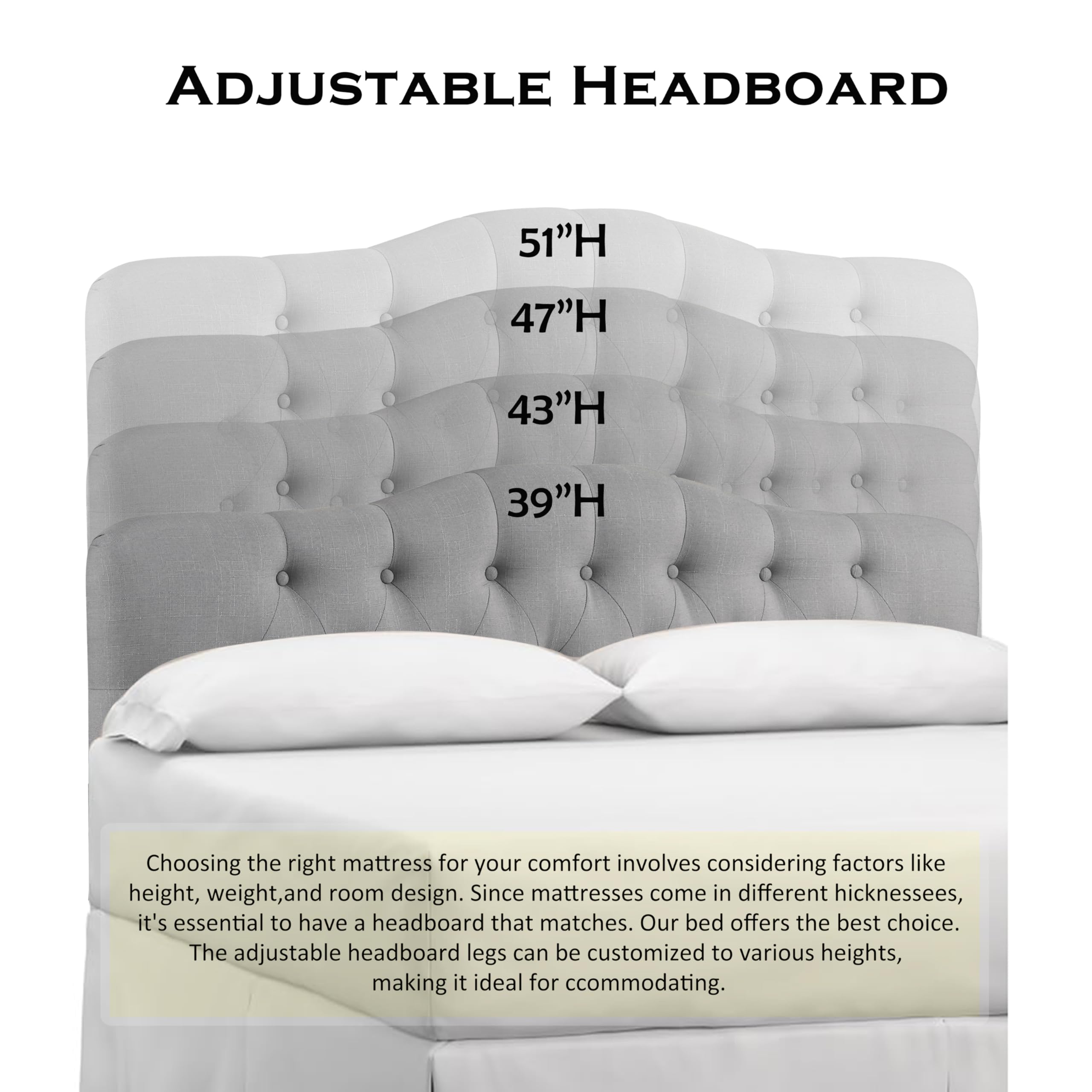 Rosevera Givanna Adjustable Height Headboard with Linen Upholstery and Button Tufting for Bedroom, Twin, Light Gray