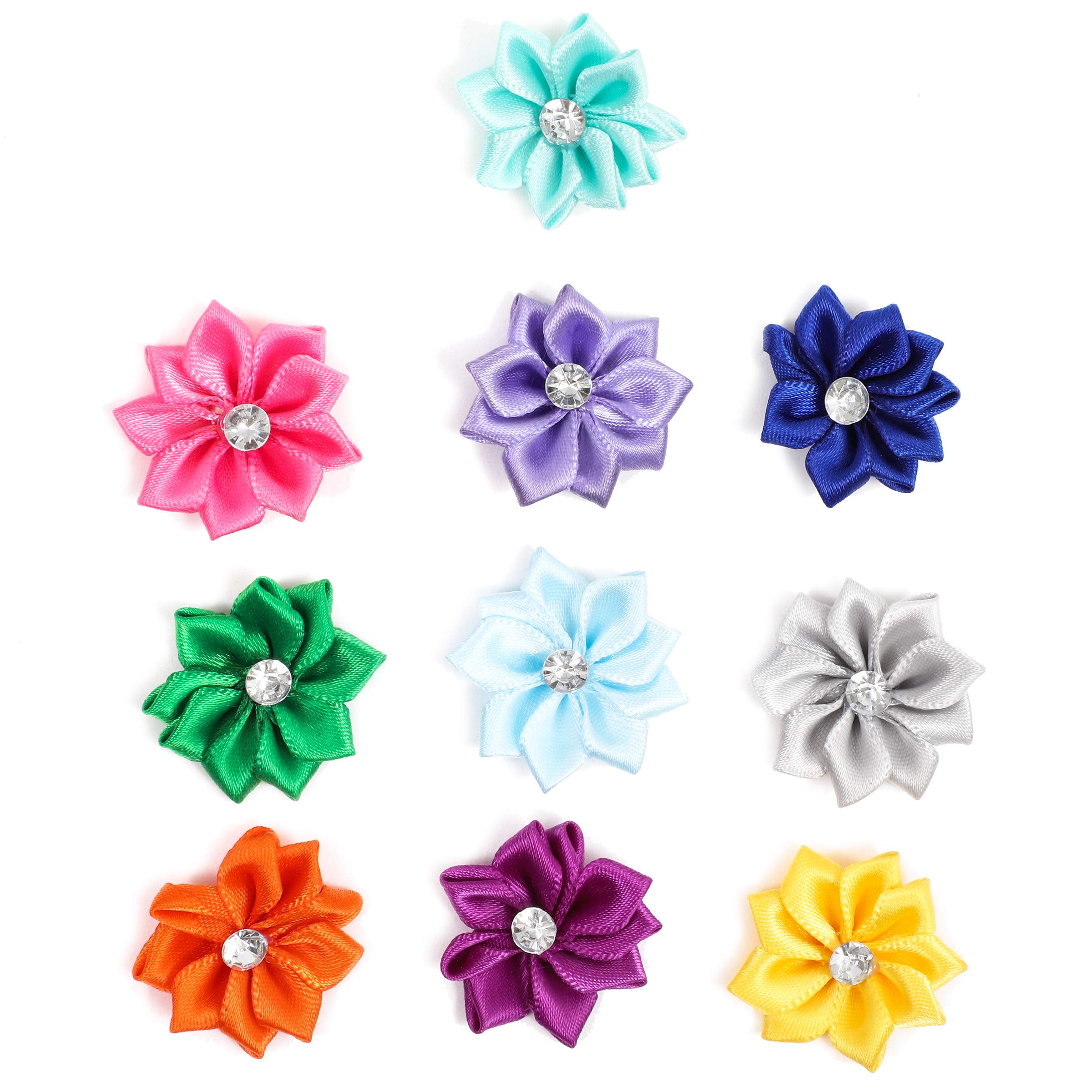 Satin Ribbon Daisy Flower Heads with Rhinestones, 10 Colors (1.2 in, 100 Pack)