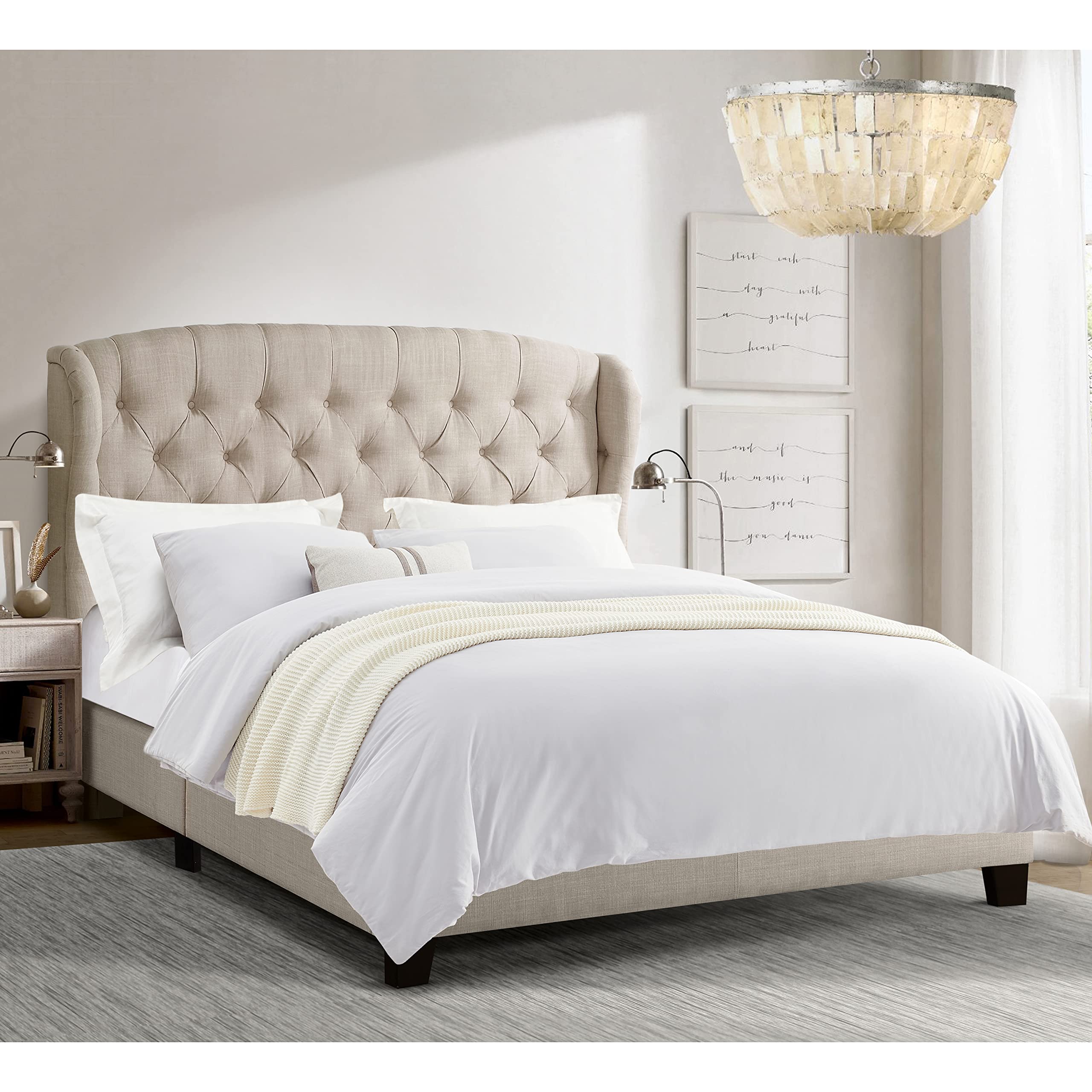 Rosevera Marcelle Bed Frame,Wingback Bed Frame with Signature Design Adjustable Headboard,Upholstered with Button Tufting Bed for Bedroom,Wood Slat Support,Eesy Assembly,King,Classic Beige