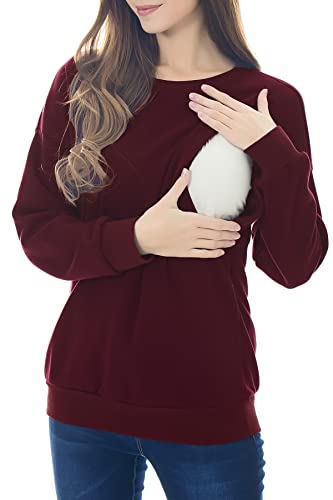 Smallshow Women's Fleece Maternity Nursing Sweatshirt Breastfeeding Tops Large Burgundy
