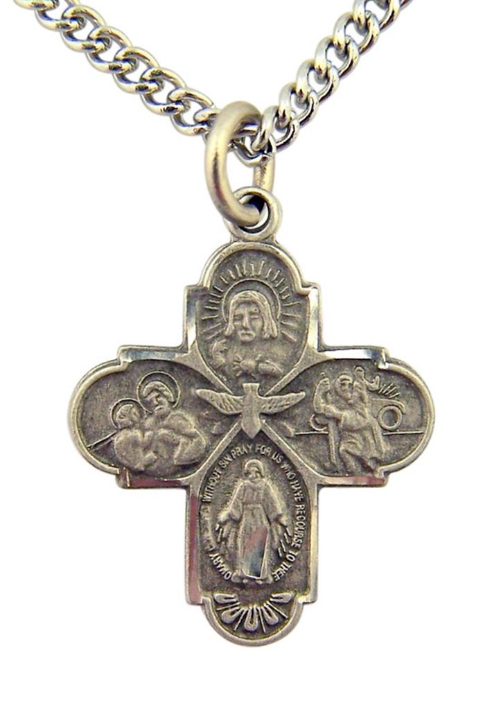 Religious Gifts Pewter Catholic Four-Way Cross Pendant with Bright Cut Accents, 1 1/16 Inch