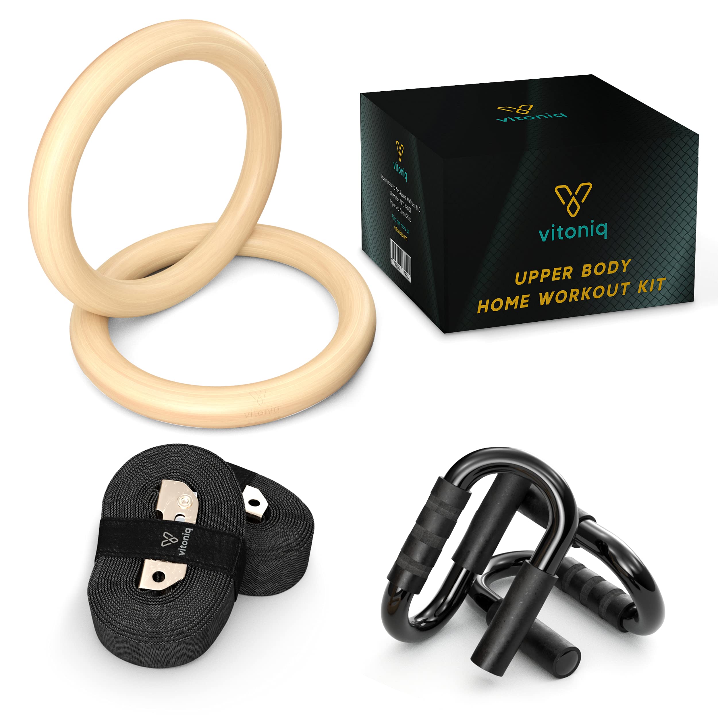 Vitoniq Premium Wood Gymnastics Rings and S-Shaped Push Up Bars Set β Strength Training & Calisthenics Equipment β Non-Slip Birch Wooden Rings, Adjustable Straps, Ergonomic Pushup Handles