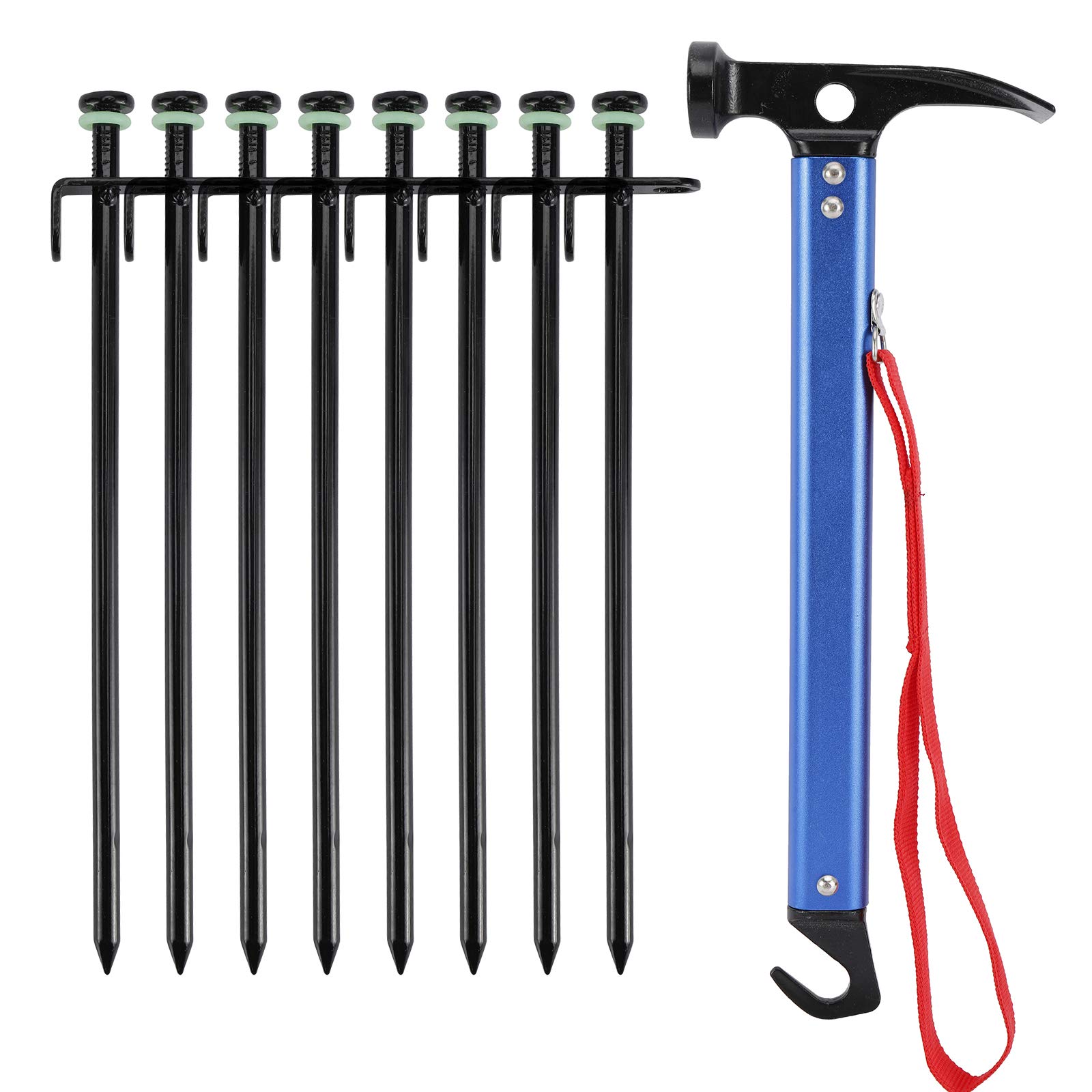 XMSound 8pcs Heavy Duty Iron Tent Stakes,1 Super Light Tent Mallet Hammer,Lightweight & Sturdy & Anti-Rust, Great for Camping, Hiking, Backpacking, Gardening