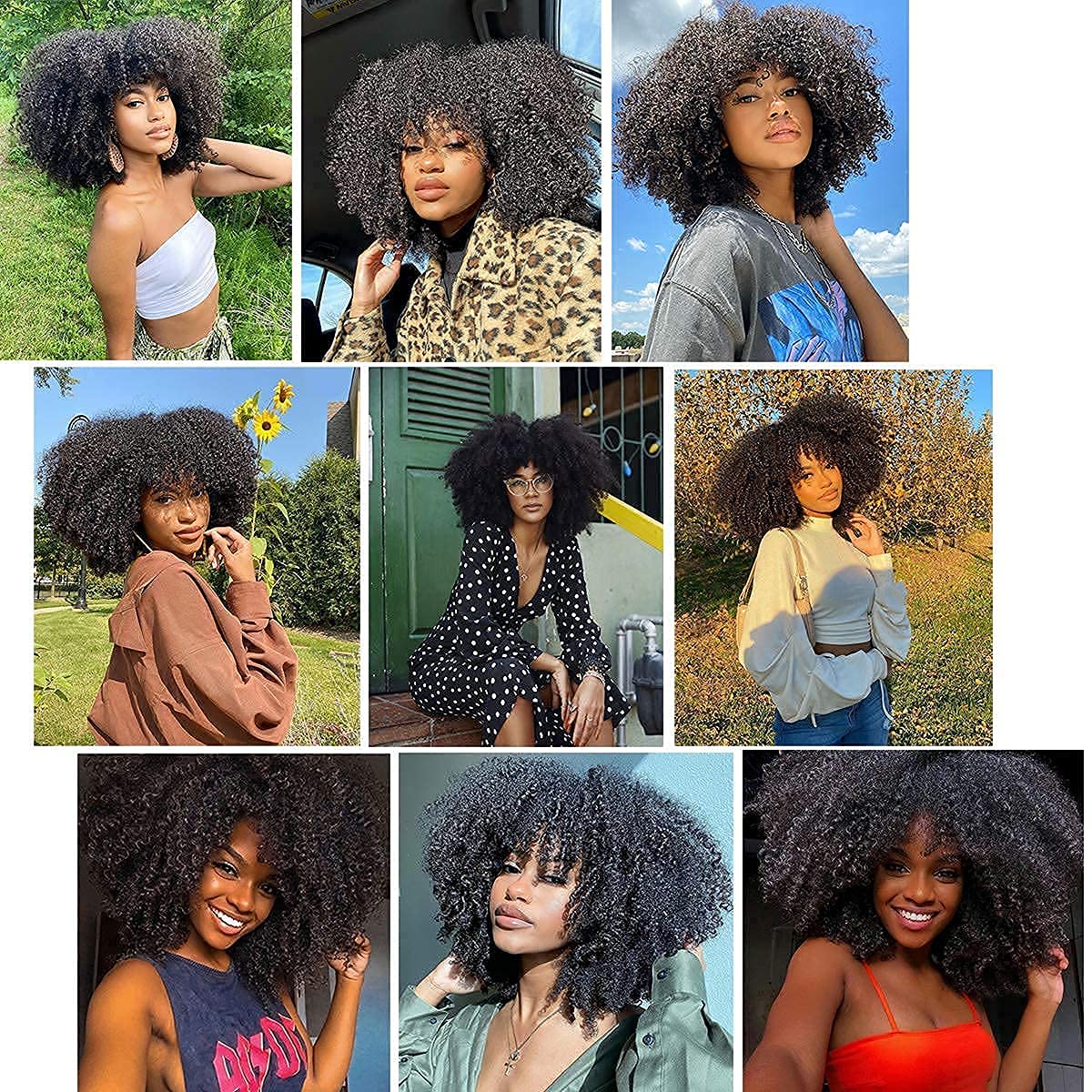 RunM Short Curly Afro Wig With Bangs for Black Women Kinky Curly Hair Wig Afro Synthetic Full Wigs(Black)