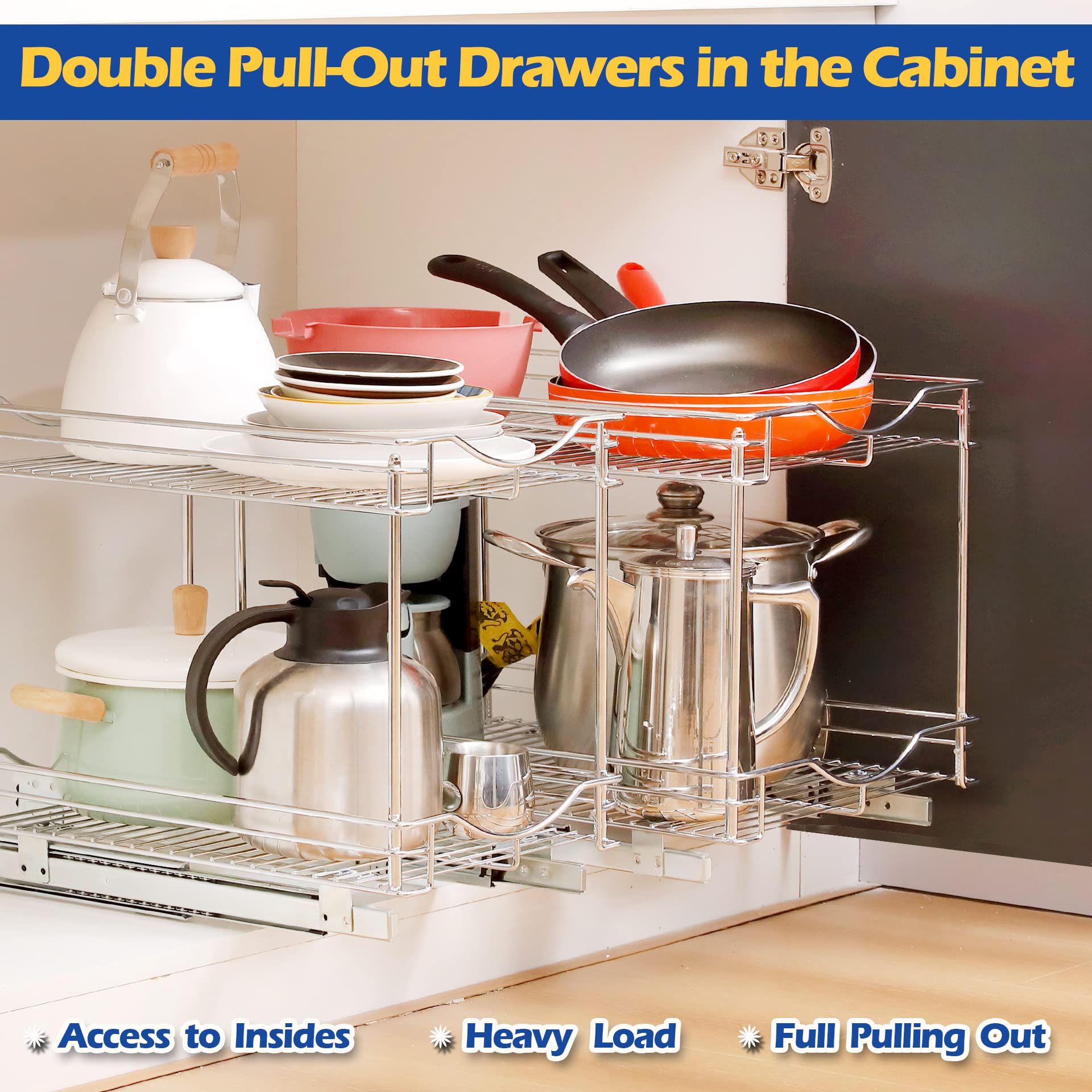 SIMCAS Pull Out Cabinet Organizer (14"W X 21"D), Kitchen Cabinet Organizers and Storage Cabinet Pull Out Shelves, Slide Out Kitchen Cabinet Storage 2-Tier Pull Out Drawers for Kitchen Cabinets, Chrome
