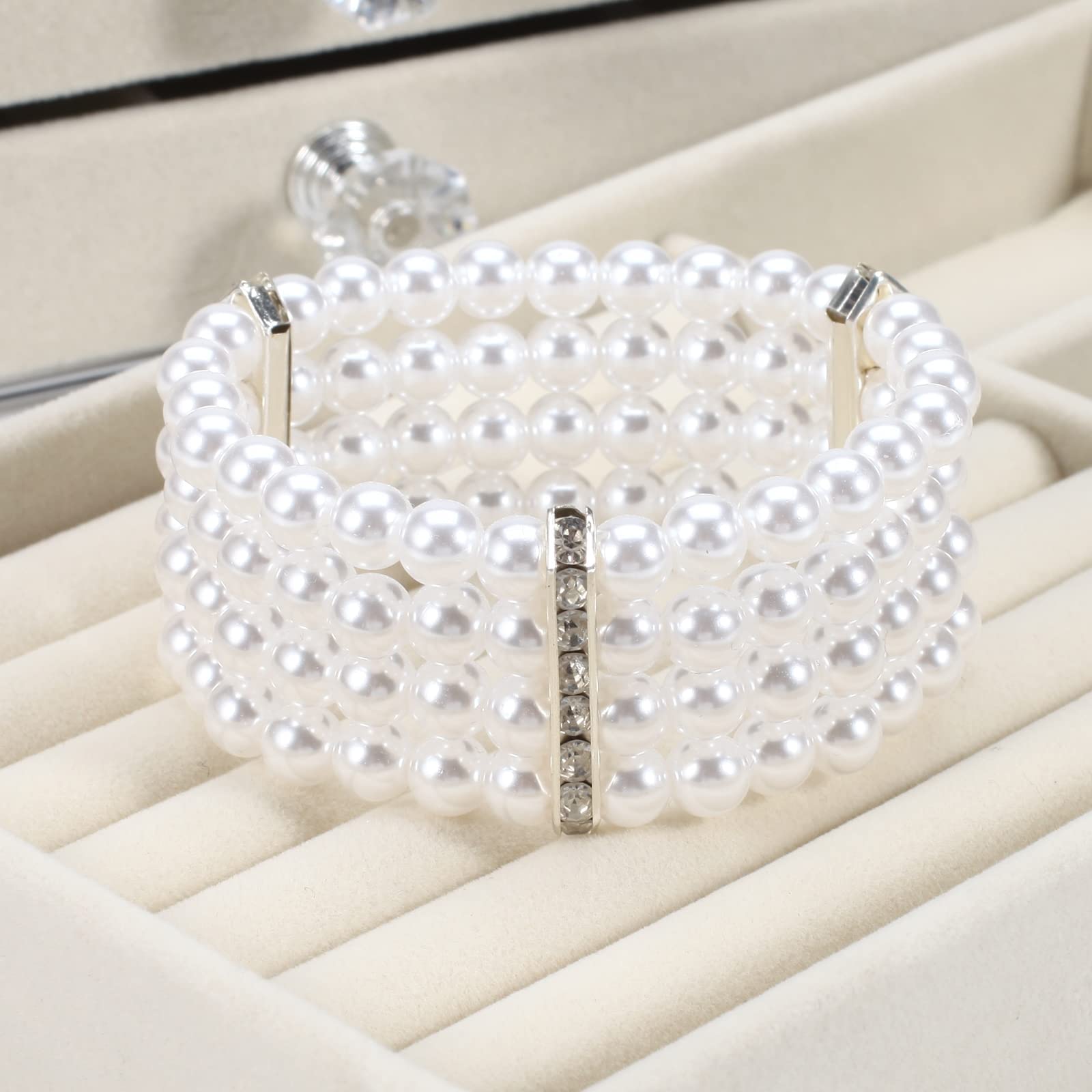 Twinfree 5 Sets Stretch Multilayer Faux 8mm Pearl Bracelet Bangle Vintage Wedding Bridal Jewelry