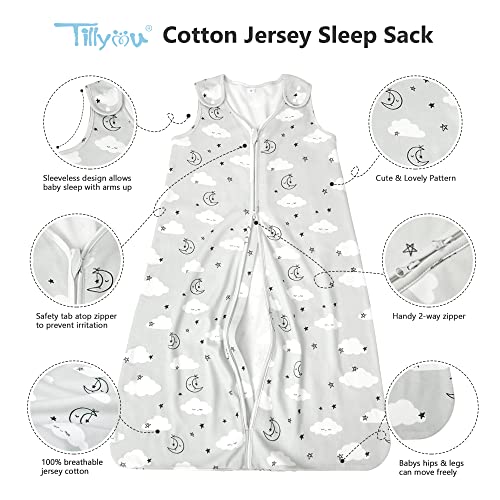TILLYOU Cotton Sleep Sack 2 Pack - TOG 1 Baby Wearable Blanket with 2-Way Zipper, Extra Soft Sleeveless Sleeping Bag for Infants, 6-12 Months, Grey Cloud & Gray Arrow