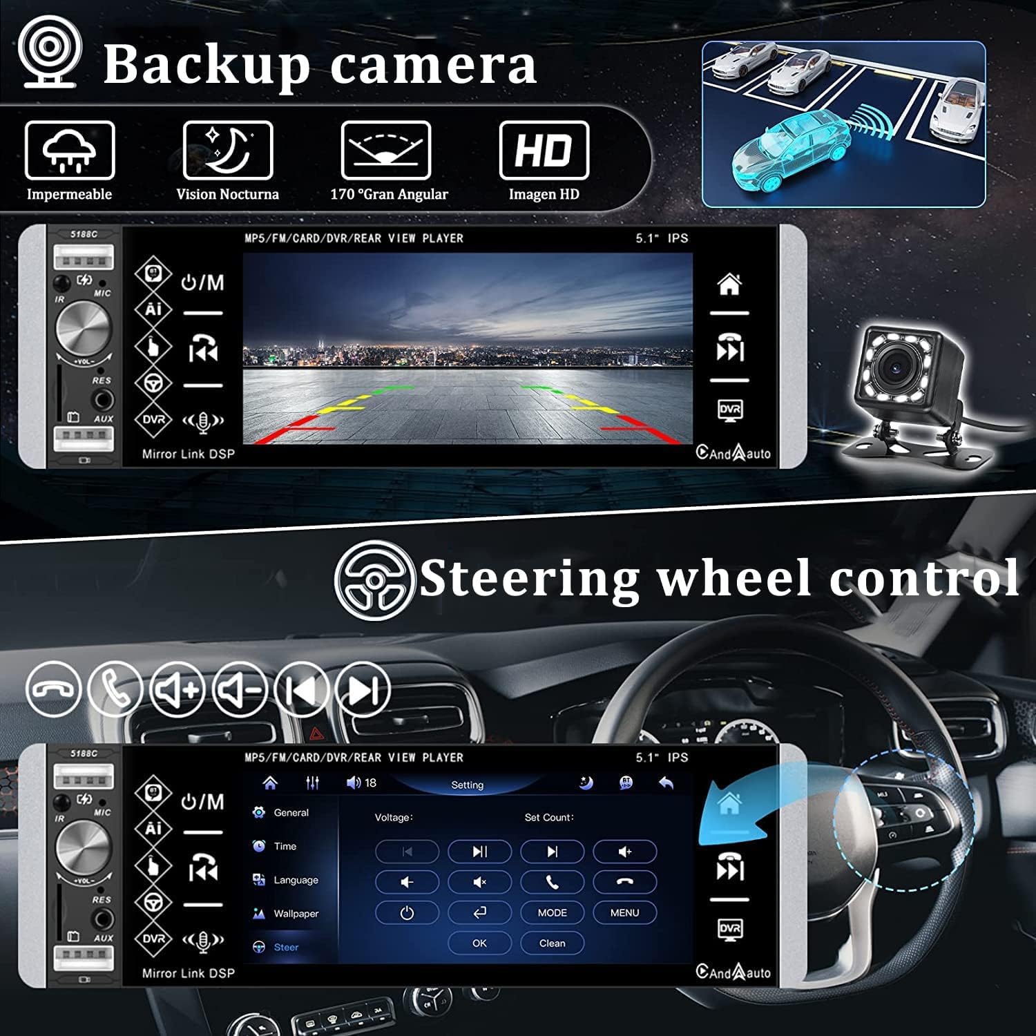 Single Din Car Stereo with Apple Carplay Android Auto, 5.1 Inch Touch Screen MP5 Player with Bluetooth Handsfree/FM/3 USB/TF/AUX-in/Fast Charging + Rear View Camera&Remote Control