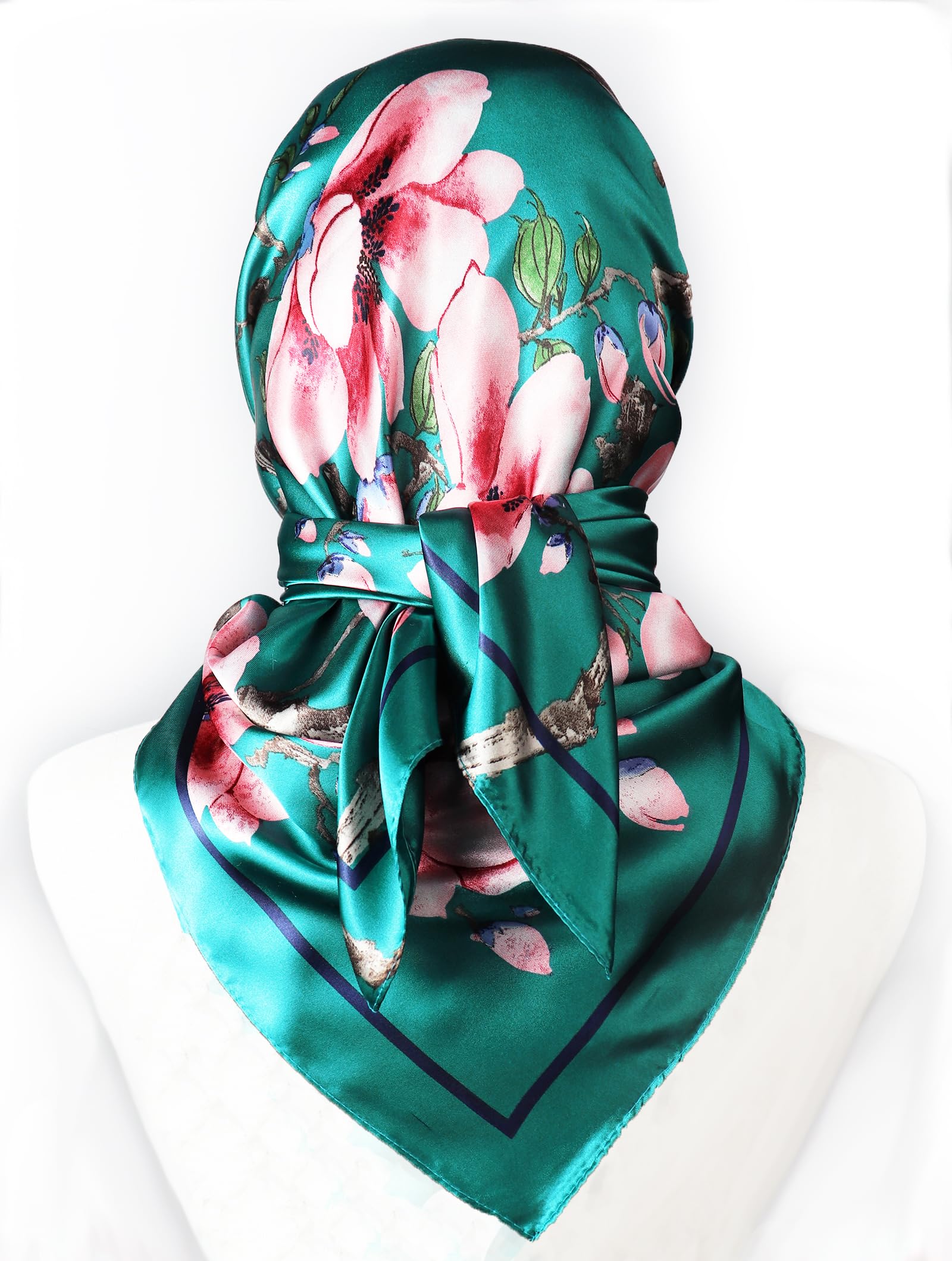 vabovin 35" Fashion Neckerchief Women's Silk Like Big Satin Square Hair Scarf Accessory (Blue Green Flowers)