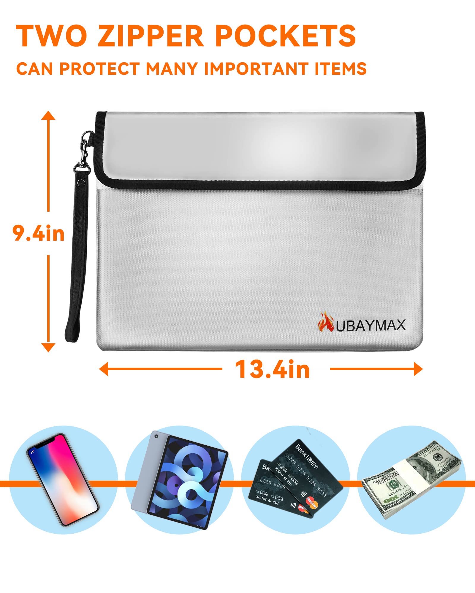 Two Pockets Fireproof Document Bag(13.5'' x 9.5''), Waterproof Folder Money Bag, Fireproof Safe Storage Pouch with Zipper for A4 Size Document Holder, File, Cash, Tablet, Passport and Valuables