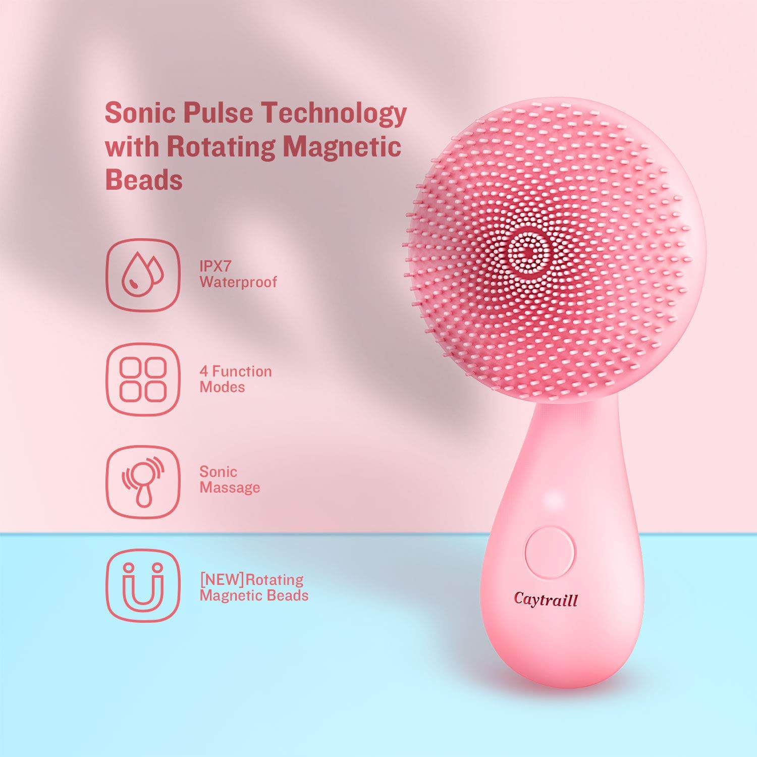 Silicone Facial Cleansing Brush,Ultrasonic Face / Body Cleanser, 4 Function Modes,Rotating Magnetic Beads,Waterproof /Rechargeable-Portable /Ergonomic Handle-Skin Rejuvenation /Cleansing