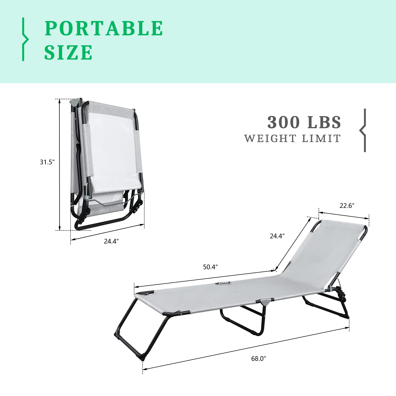 VINGLI Folding Chaise Lounge, Adjustable 4 Position Patio Chair Recliner, Sunbathing Chair for Beach Outdoor Pool Patio Deck (Grey, without Canopy)