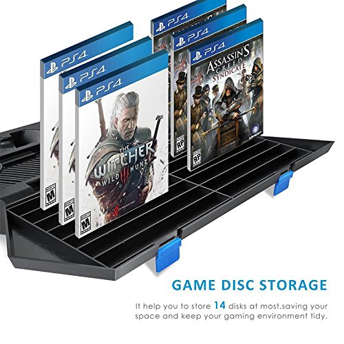 TNP Stand + Controller Charger + Cooling Fan + USB Hub + Game Storage Holder - Vertical Dock Charging Station for DualShock Controller, External Cooler, 4-in-1 Accessories (Black) [Playstation 4]