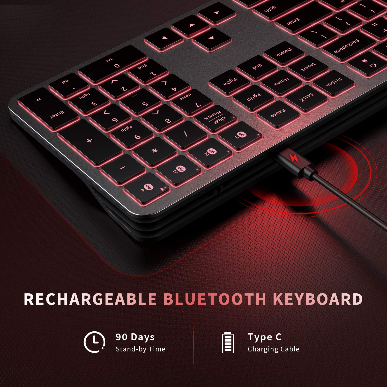 seenda Backlit Bluetooth Keyboard for Win & Mac, Multi-Device Slim Rechargeable Keyboard, Backlit Wireless Keyboard Compatible for Win 8/10, Laptop, Tablet, MacBook Air/Pro, iPad - Black Gray