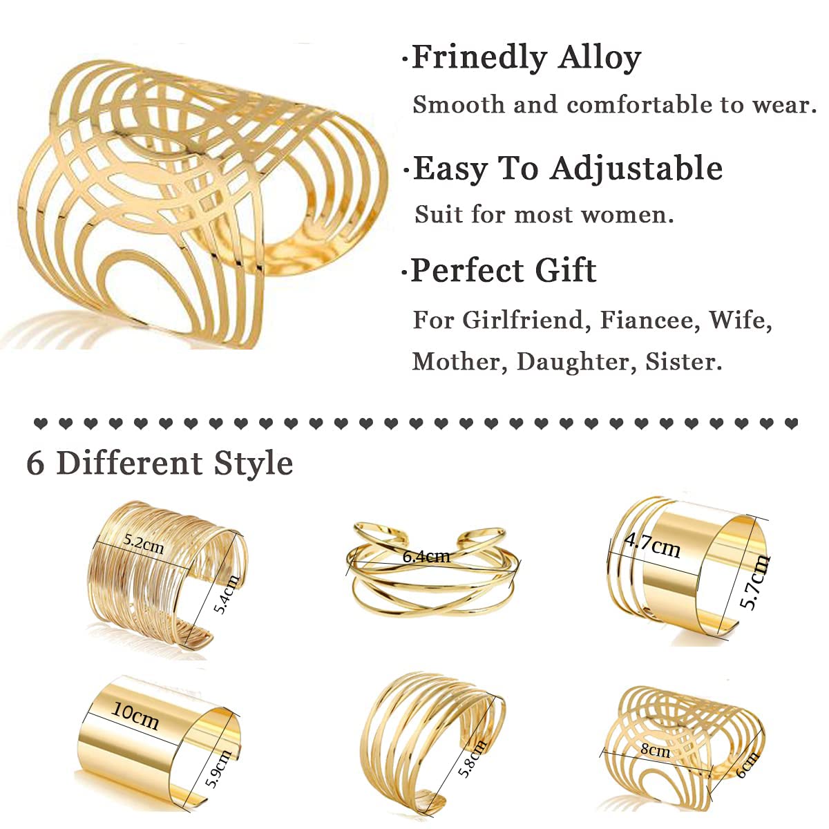 WAINIS 6 PCS Cuff Bangle Bracelet for Women Open Wide Wire Bracelets Gold Wrist Cuff Wrap Bracelet Gold Plated
