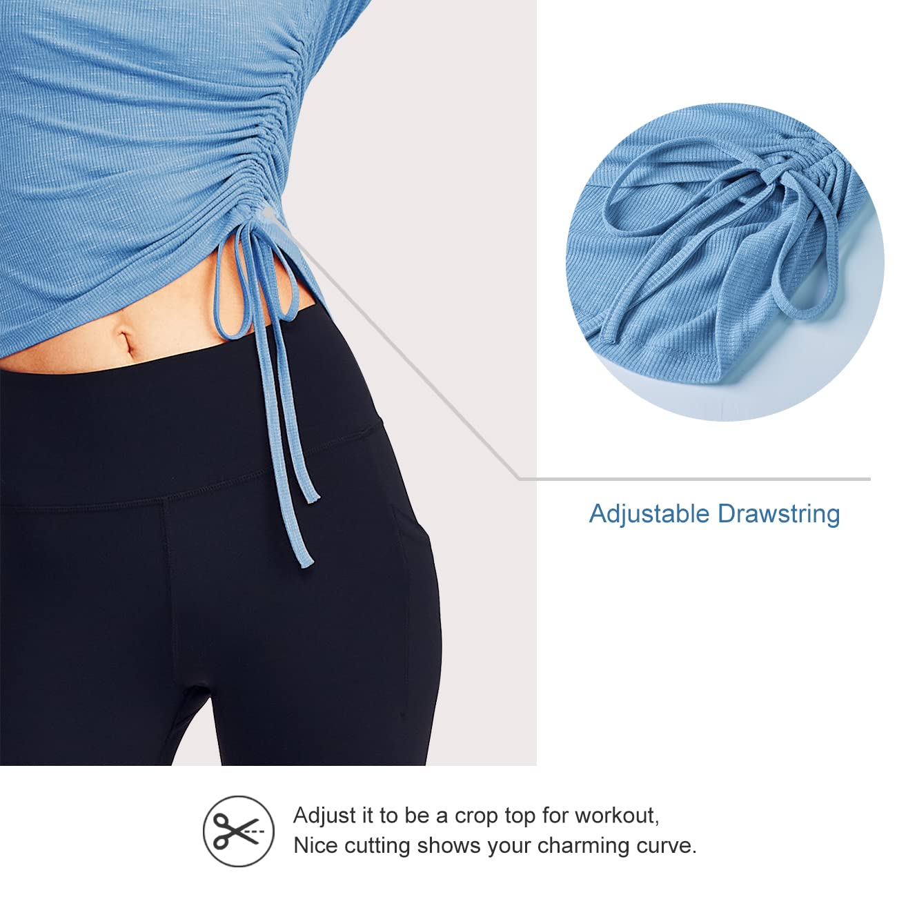 Yoga Tops for Women Ruched Long Sleeve(Blue,S)