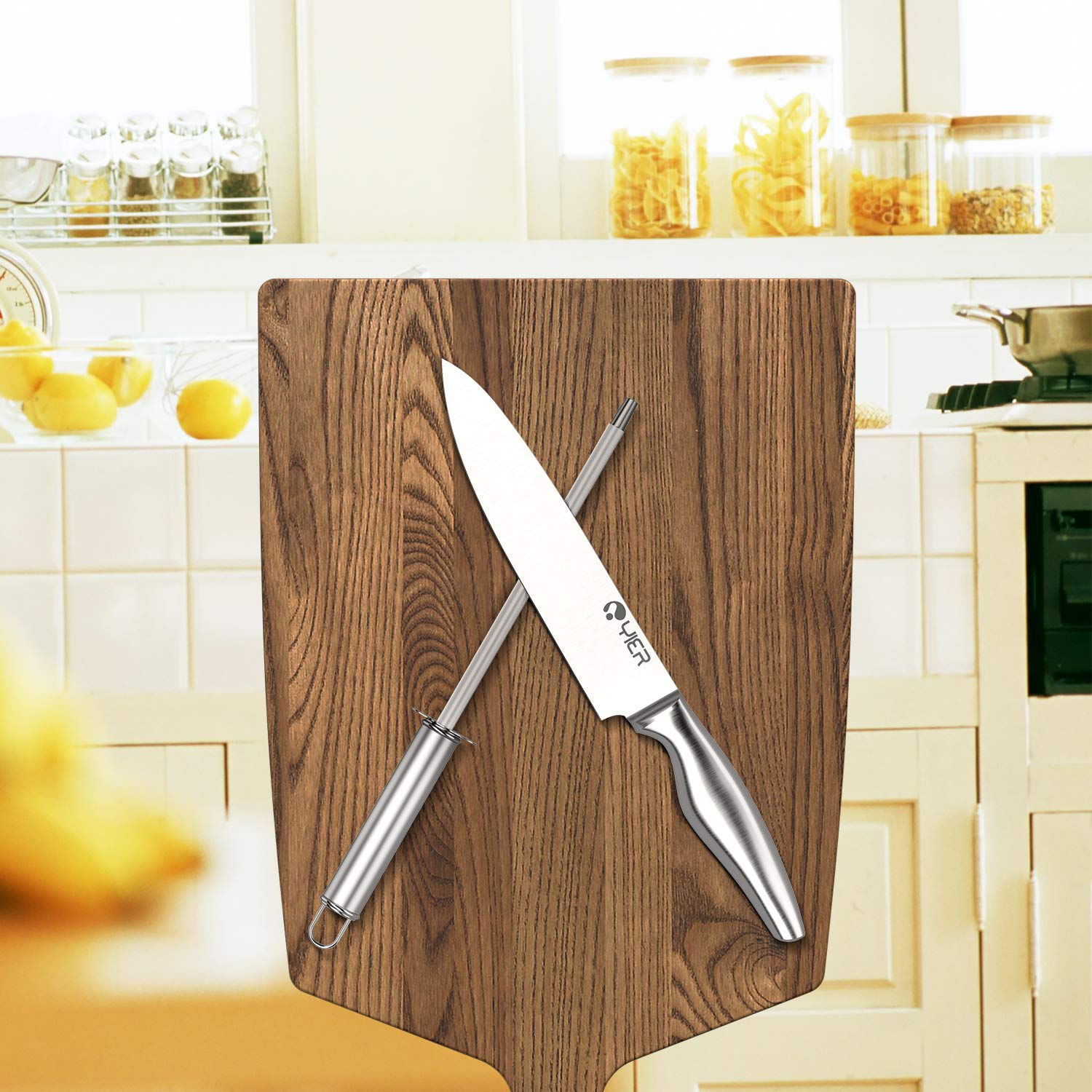 YIER Knife Sets,15 Pieces German High Carbon Stainless Steel Hollow Handle Self Sharpening Kitchen Knife Set with Finger Protection&Acrylic Stand-Best