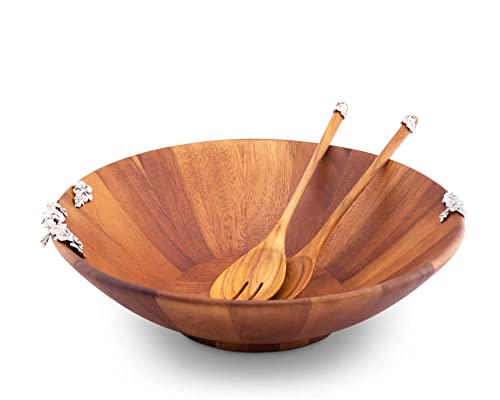 Vagabond House Wood Salad Bowl and Servers Lilacs Pattern 16 inch Diameter 4.5 inch Tall