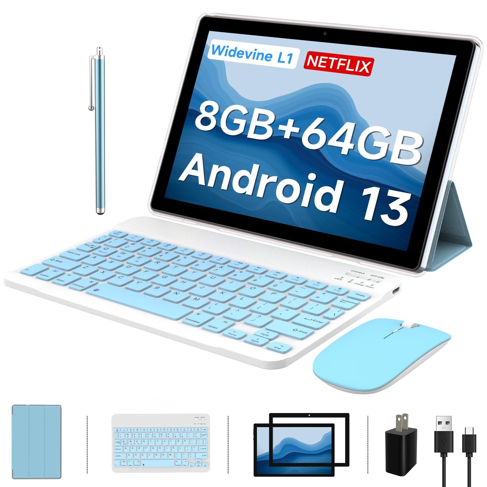 RUQIAI 10 inch Tablet, Android 11 Tablets, Quad-Core, 4GB+64GB ROM 512GB Expand, 6000 mAh Battery, HD IPS Touch Screen, Dual Camera, WiFi, GMS Certified(with Leather case)