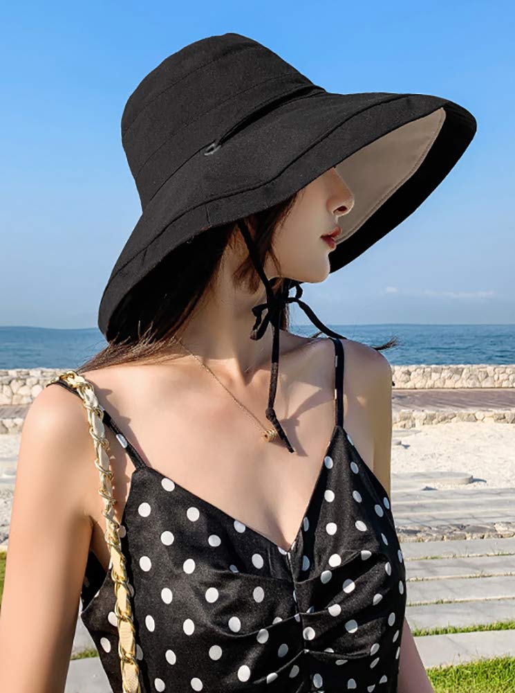 Women's Sun Hat Packable Reversible Bucket Hat UV Sun Protection Wide Brim Summer Beach Cap (Black)