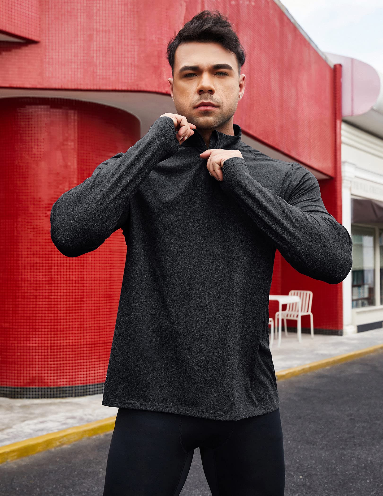 YEEZOMI Men's Sports Shirts 1/4 Zip Long Sleeve Running Pullover Workout Sweatshirt, Black, X-Large