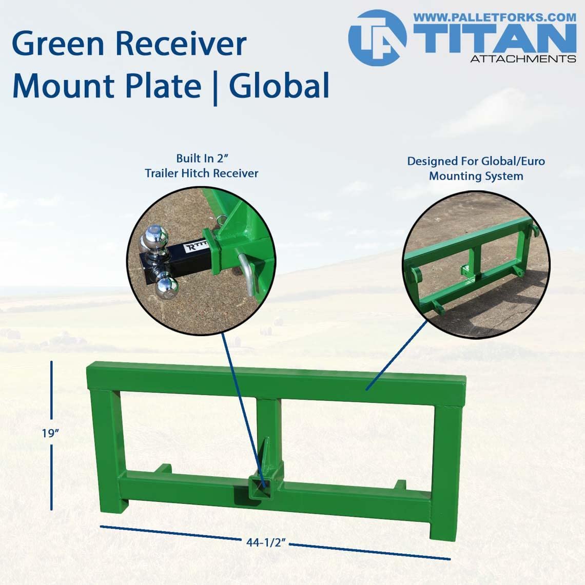 Titan Attachments Global Euro Receiver Mount Plate Fits John Deere Tractors with Global Euro Style Mounting System, 2" Receiver Hitch, 3000 LB Weight Capacity, Green Finish Steel Mount Plate Adapter
