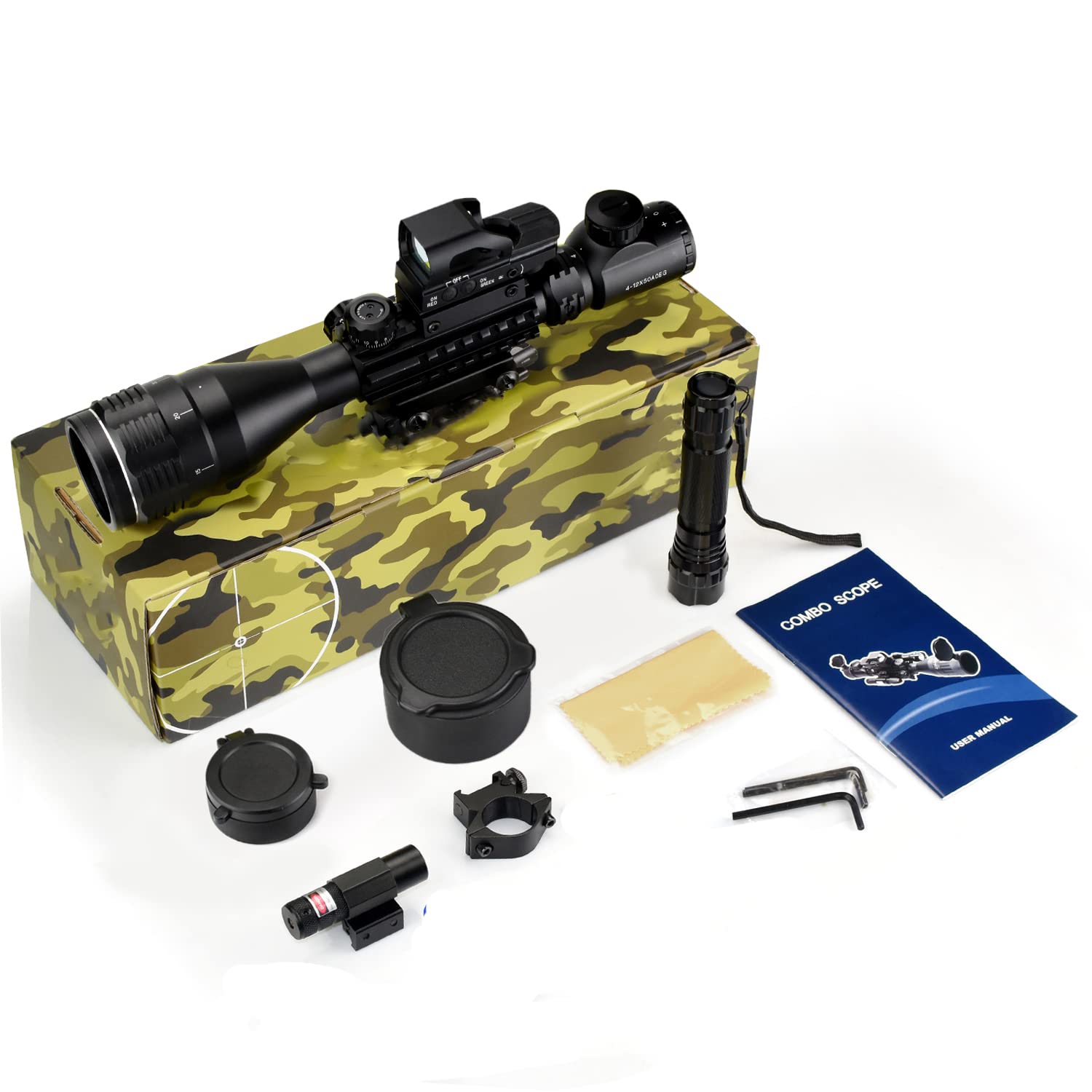 XOPin 4-16x50AO Rifle Scope Combo Dual Illuminated with Green Laser Sight 4 Holographic Reticle Red/Green Dot for Weaver/Rail Mount