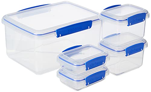 Sistema 16-Piece Food Storage Containers with Lids for Lunch, Meal Prep, and Leftovers, Dishwasher Safe, Clear/Blue