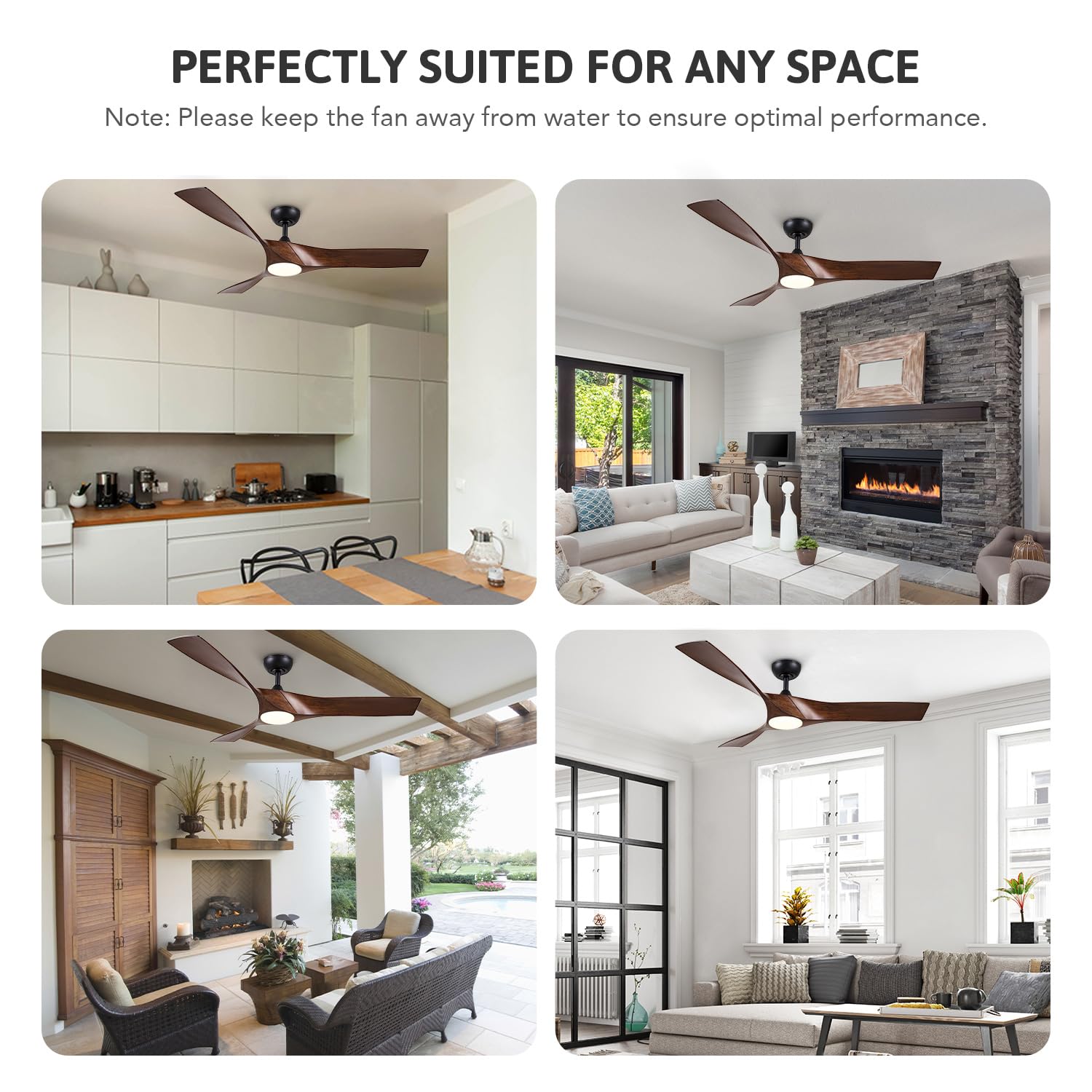 VONLUCE 52" Industrial Ceiling Fan No Light with Remote Control, Mid Century Ceiling Fans with 3 Walnut ABS Blades DC Motor, Indoor Ceiling Fan for Kitchen Bedroom Living Room, Walnut