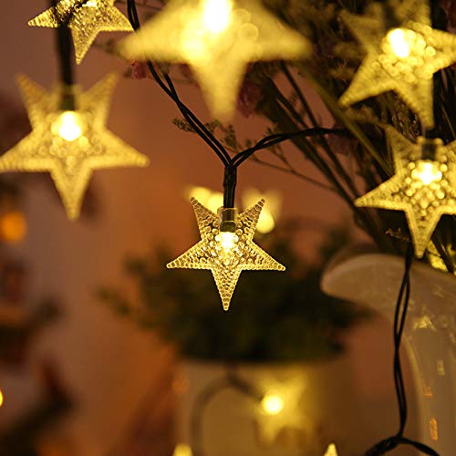 Solar String Lights,23ft 50 LED Solar Star String Lights Outdoor Solar Powered Star Fairy Lights Waterproof 8 Modes Decorative Light for Garden Patio Yard Home Wedding Party Festival, Warm White