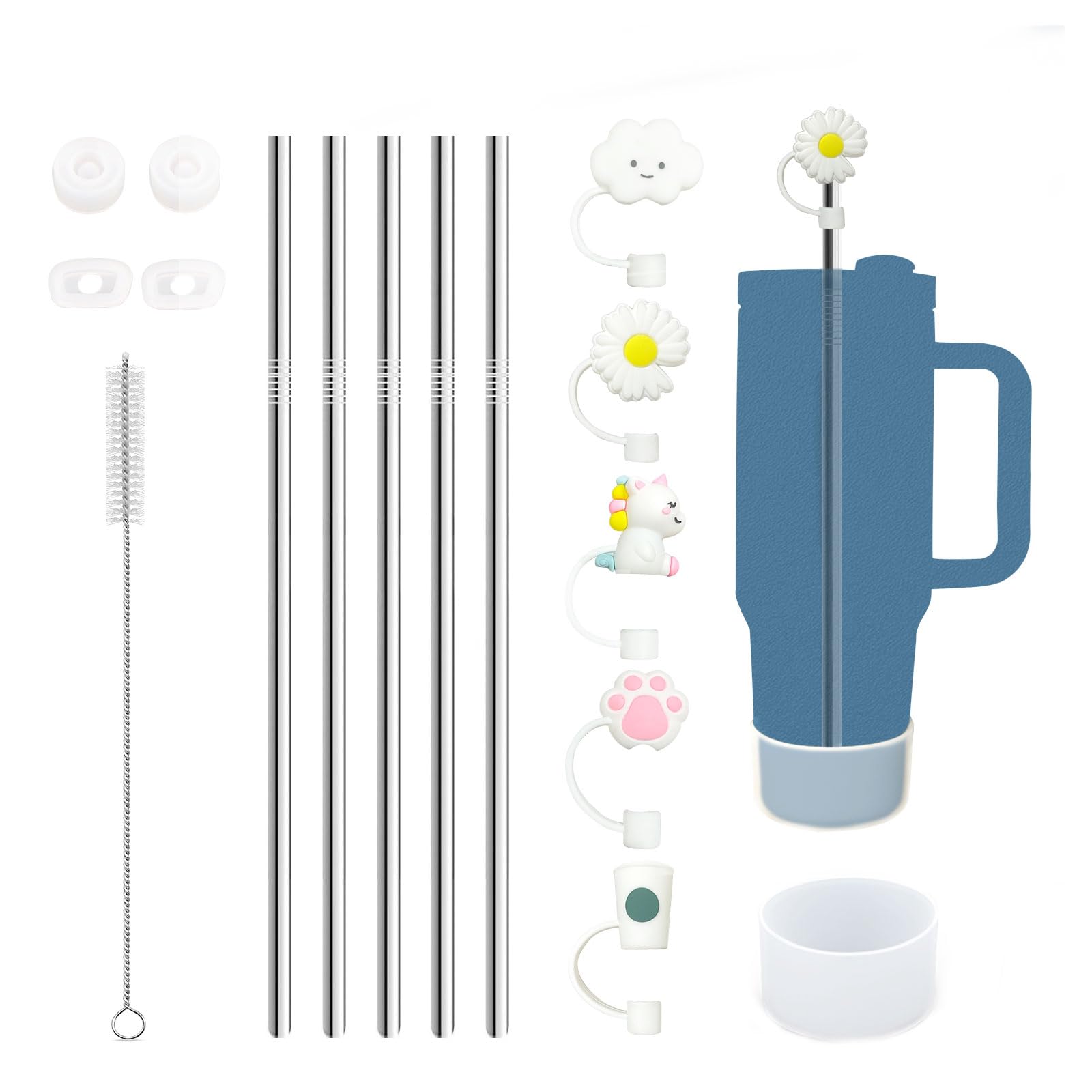 Stanley Cup Accessories 40 oz, 16Pcs Reusable 40 oz Stanley Cup Accessory Kits, 5 Stainless Steel Straws With 1 Clean Brush,5 Straw Covers, 1 Silicone Bottom Sleeve,4 Silicone Leak Proof Stoppers