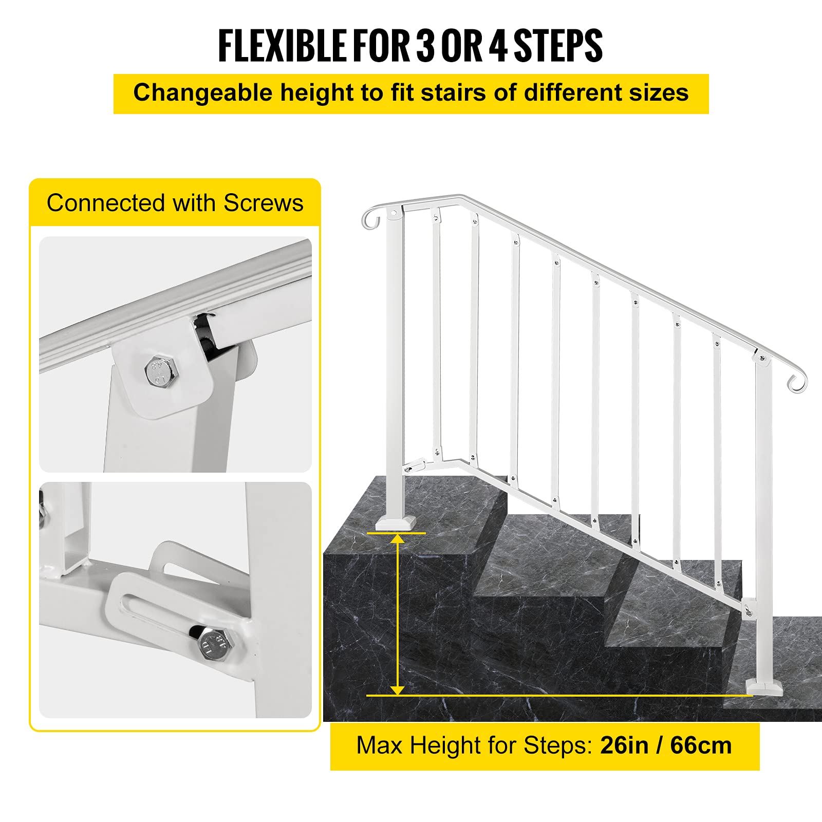 VEVOR Handrail for Outdoor Steps, 3-4 Steps White Fence Outdoor Handrail, Adjustable Metal Staircase Handrail, Thickened Stair Railings for Porch Railing, Deck Handrail