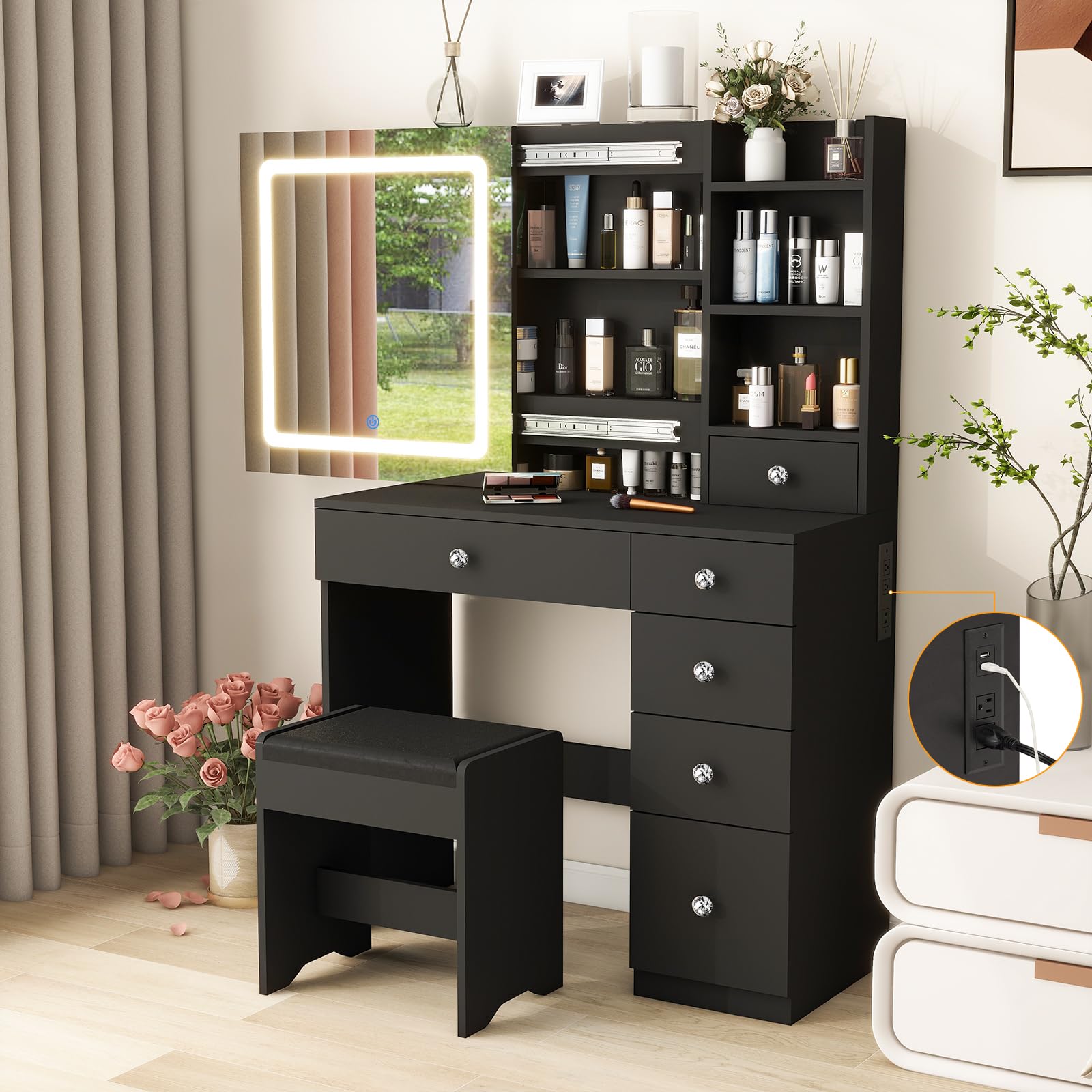Sokiche Makeup Vanity Desk with Sliding Mirror and LED Lights & Charging Station, 35.4" Black Vanity Table Set with 6 Drawers & 6 Shelves, 3 Light Modes, Dressing Table for Bedroom, Stool Included